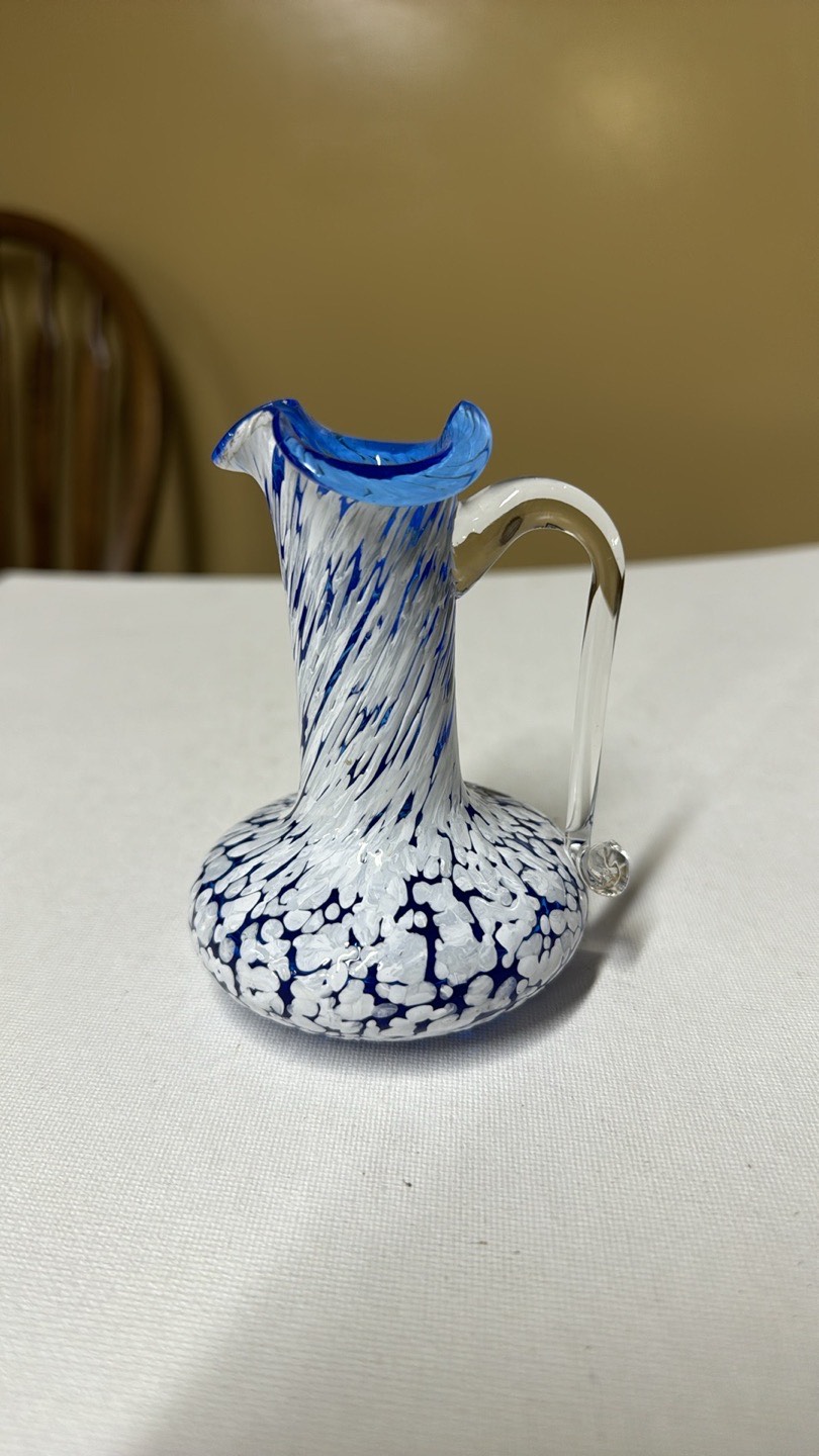 Pilgrim Art glass small pitcher hand blown splatter white on blue 4.25 ...