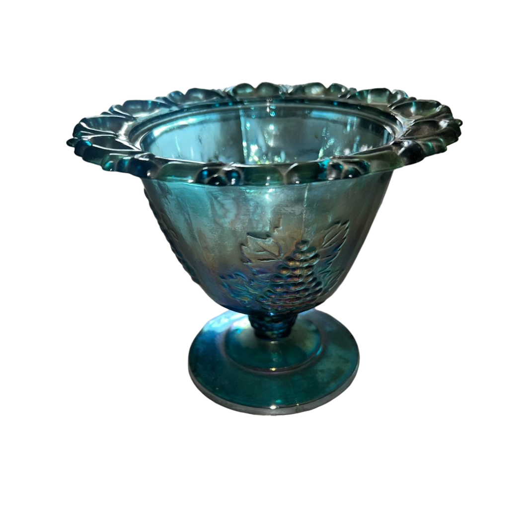Vintage Indiana Glass Blue Carnival Glass Grapes & Vines Candy Dish