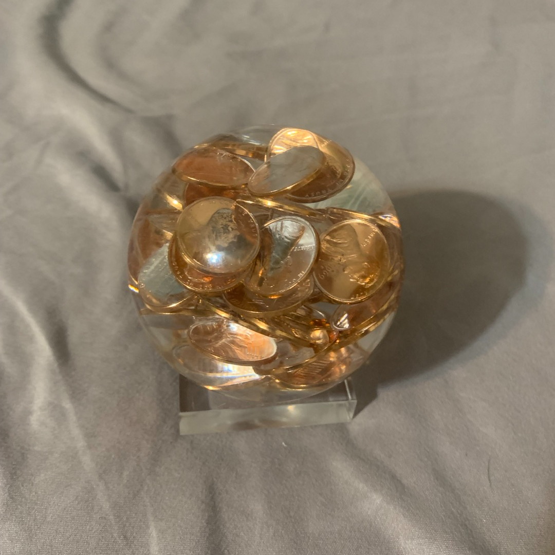 Lucite Penny Paper Weight With Stand 1969 Pennies