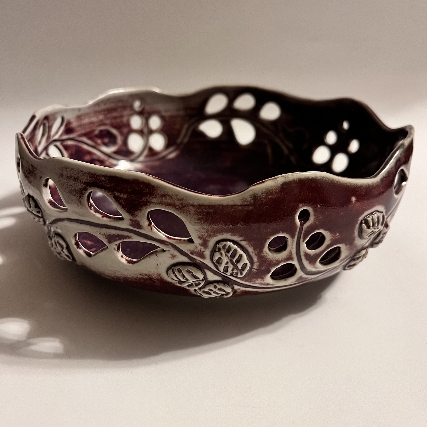 Vtg Studio Art Pottery Pierced Bowl Signed MSL '86 Wine Red White 7.5"D ...