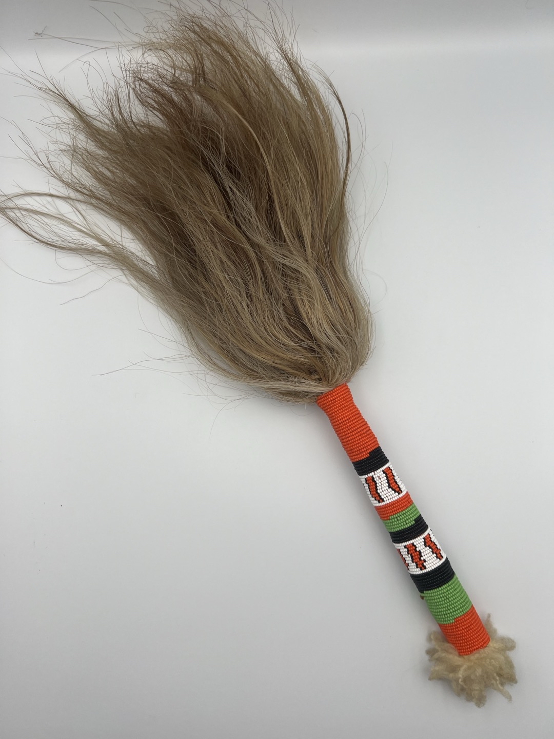 African Hand Beaded Real Horse Hair Fly Whisk 22”
