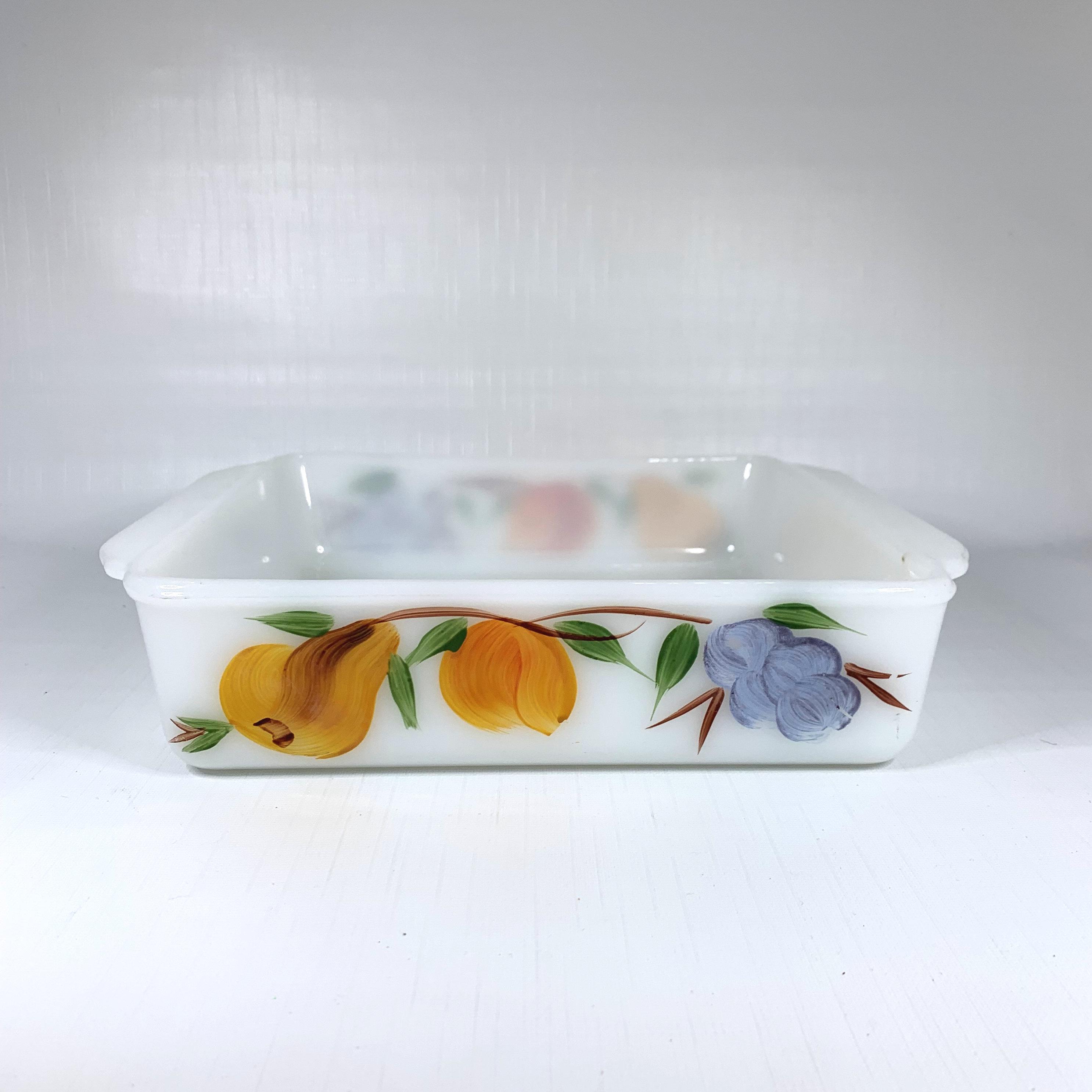 Fire King Fruit Baking Dish Gay Fad Milk Glass Square Cottage Core ...