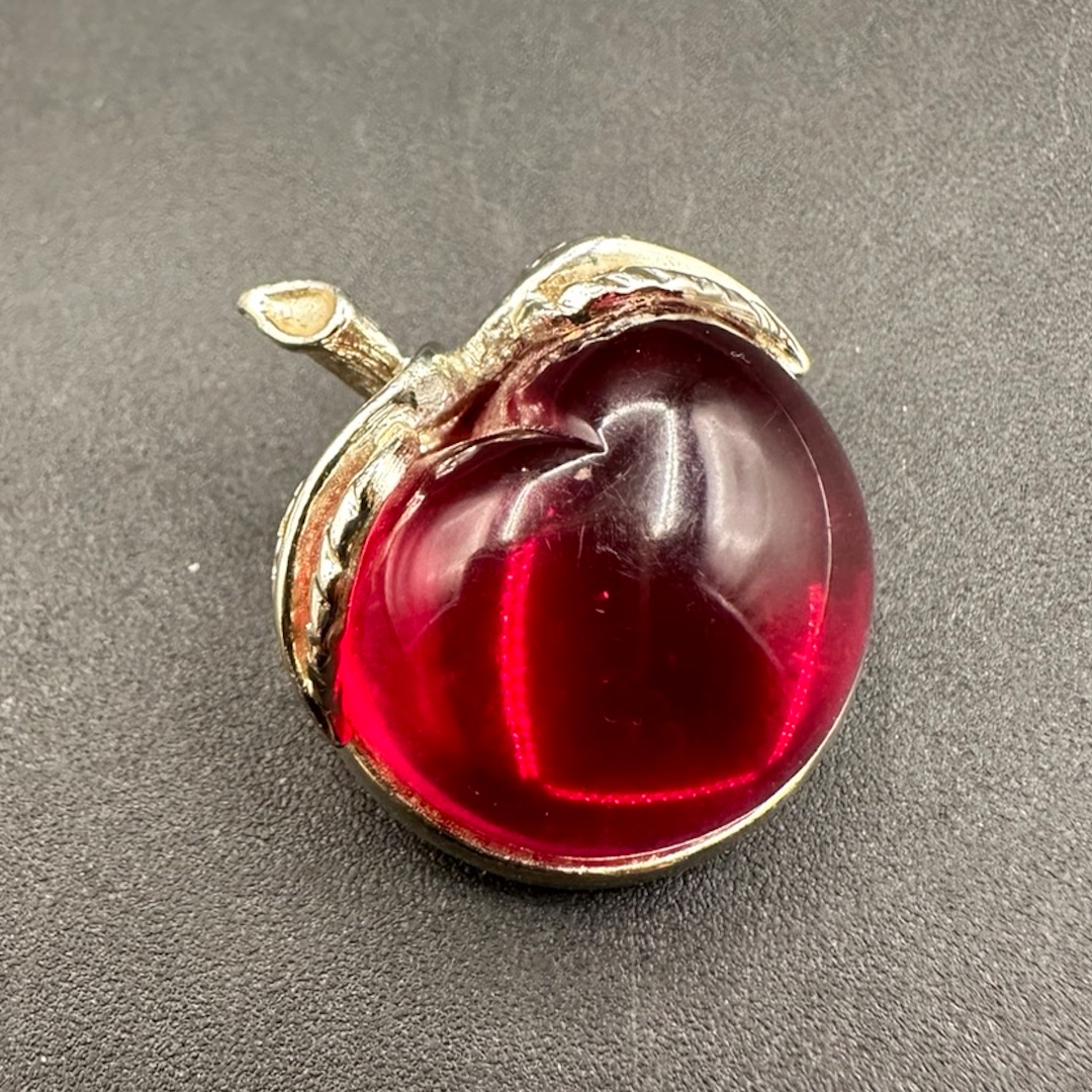 Sarah Coventry Lucite Ruby Red Apple Brooch, Silvertone, Signed