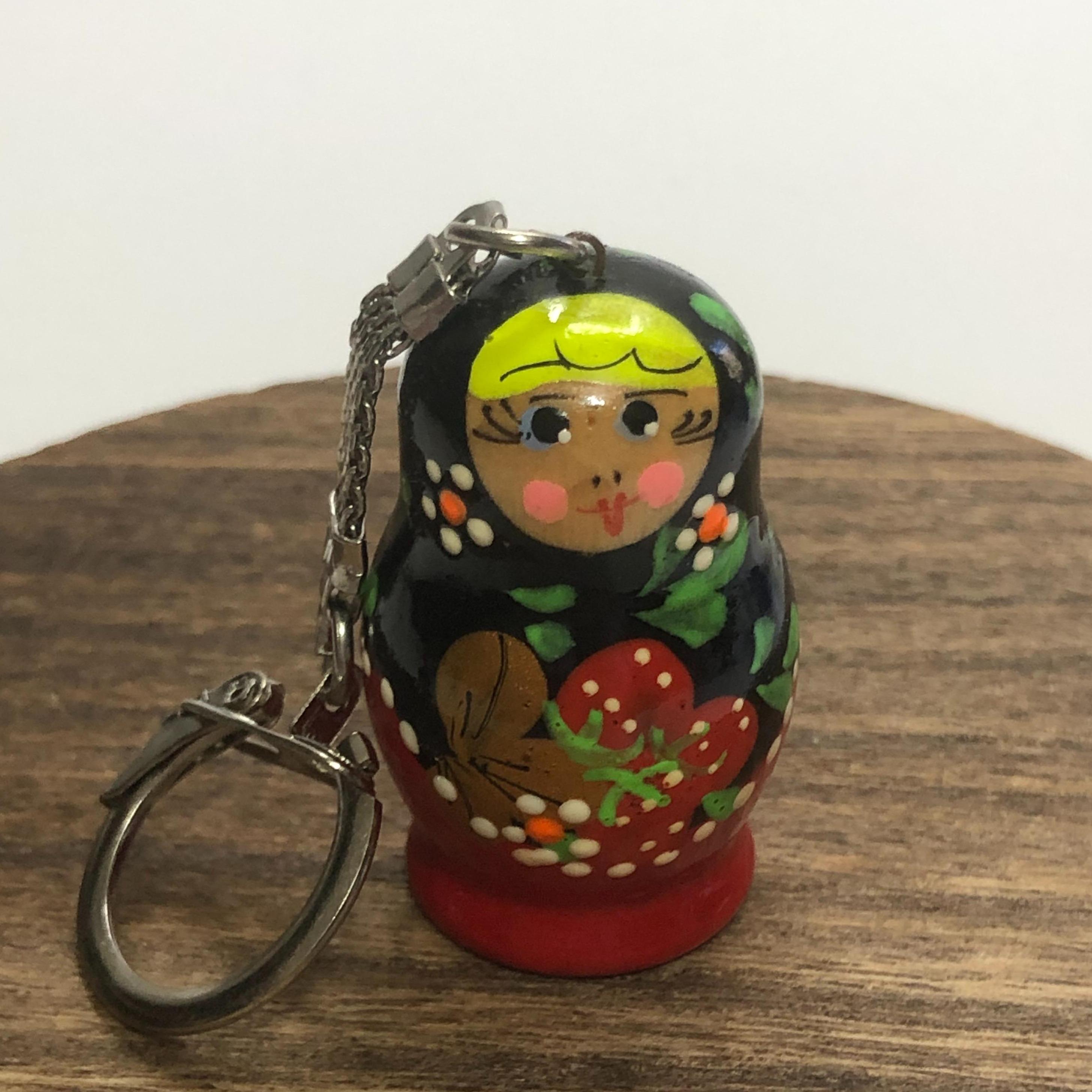Russian Nesting Doll Keychain Wood Strawberries