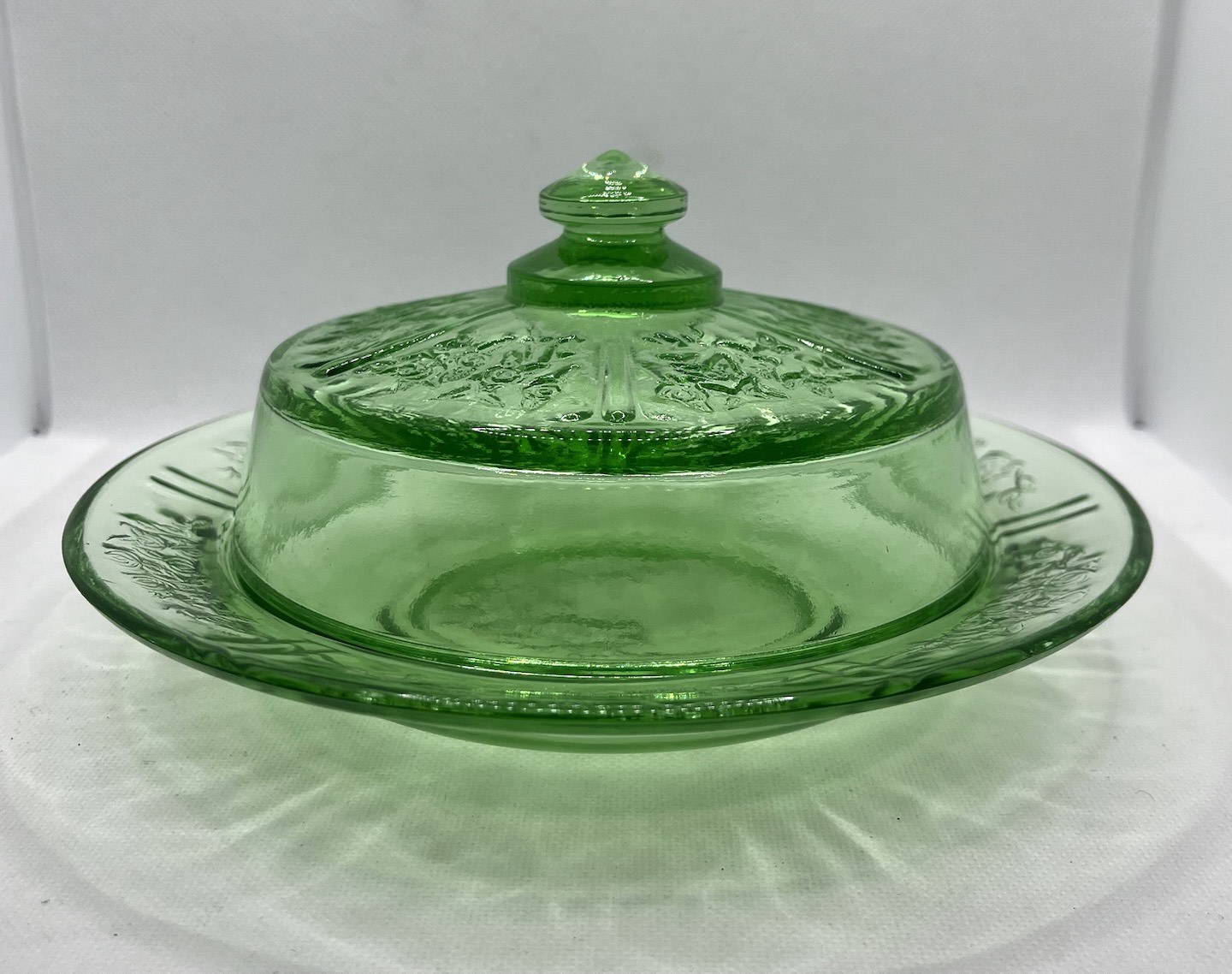 Vintage Federal Glass Sharon Green Cabbage Rose Covered Butter Dish