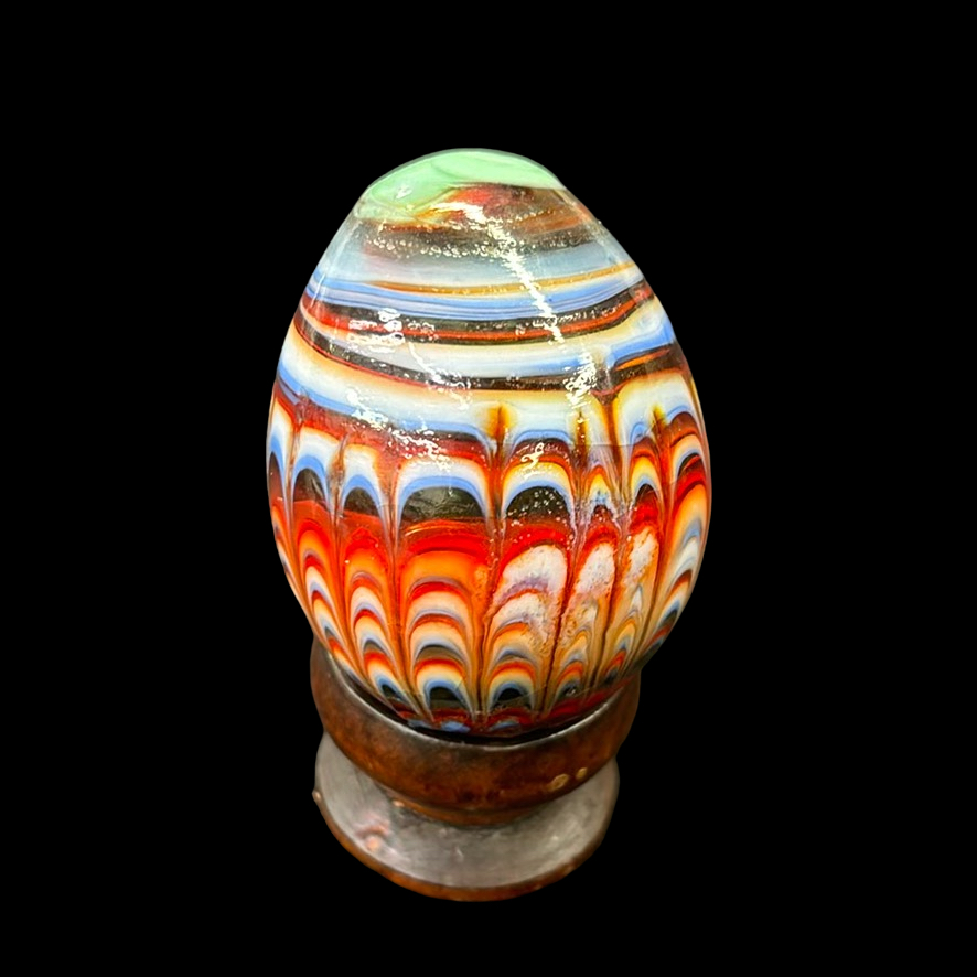 Glass Vintage Swirl Egg With Wooden Stand Very Unique 3 1/4” Tall With Base
