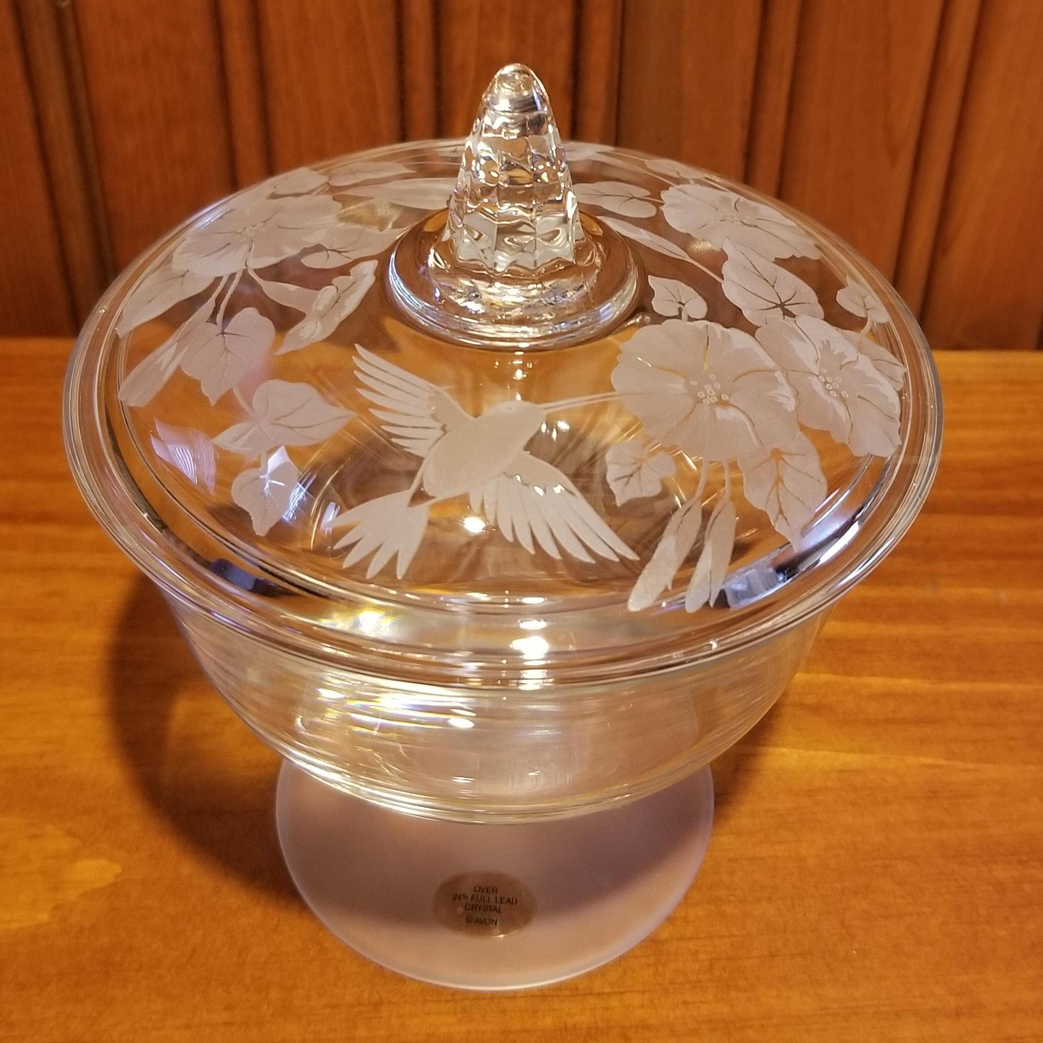 Vintage Avon Lead Crystal Pedestal 6" Candy Dish Etched Hummingbird ...