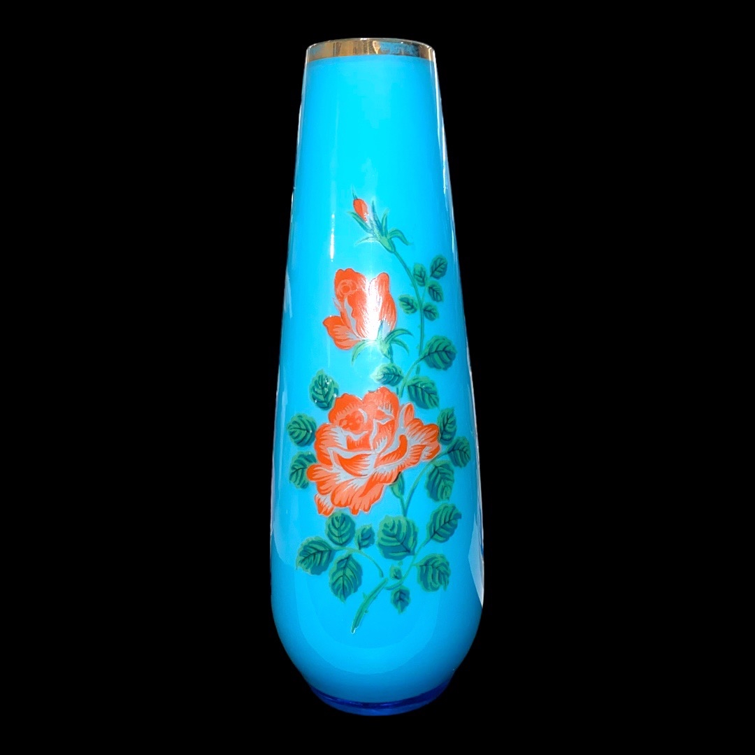 MCM Aqua Cased Glass Vase W/ Rose Transfer