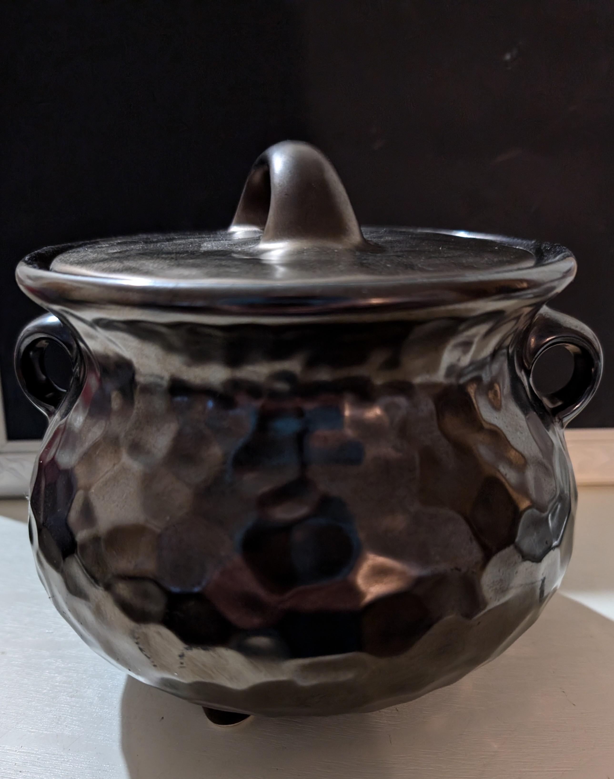 Vintage Hammered McCoy Pottery Black Cauldron Bean Pot with Lid