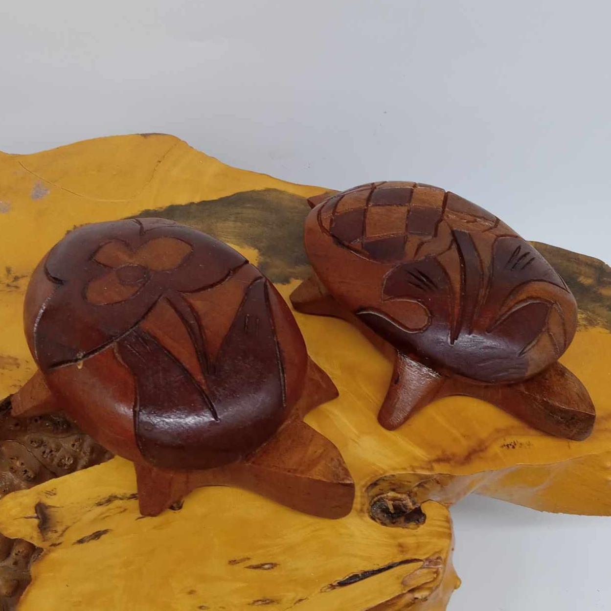 2 carved wood turtle trinket boxes, storage
