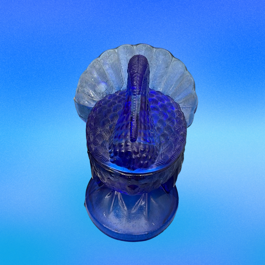 VINTAGE L E SMITH COBALT BLUE GLASS JAM SERVER/CANDY DISH TURKEY 7 IN. TALL