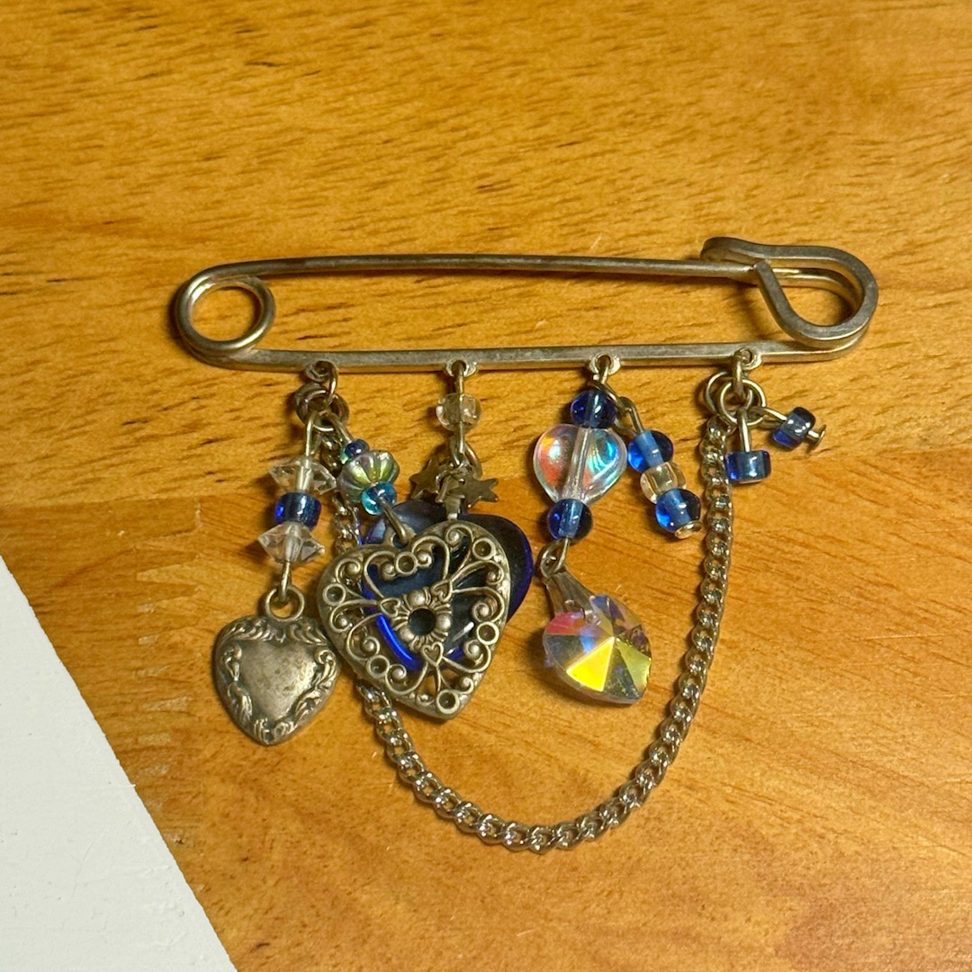 Vintage Blue Silvertone Heart Safety Pin Brooch