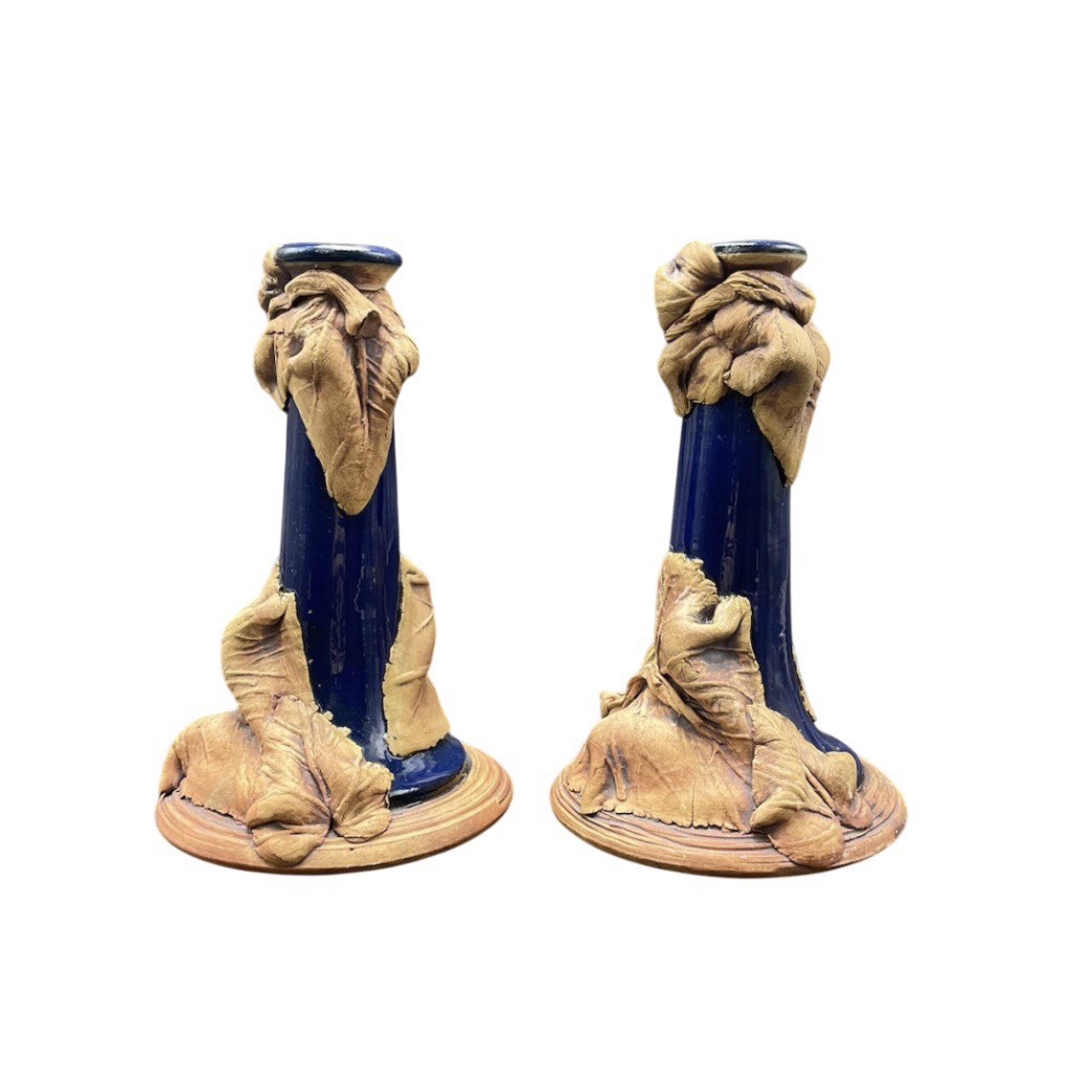Terrafina Pottery Set of 2 Candlestick Holders Ellen Evans Cobalt Blue ...