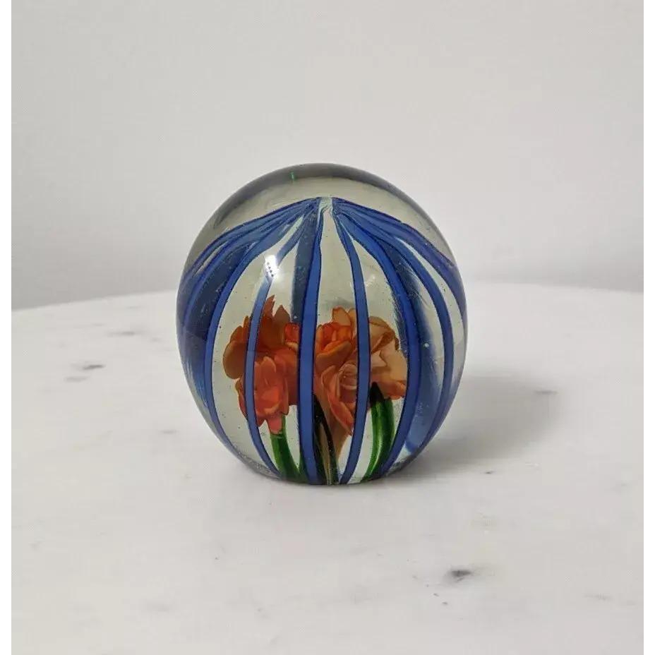 Art glass paperweight pink and yellow flowers with blue stripes 3"