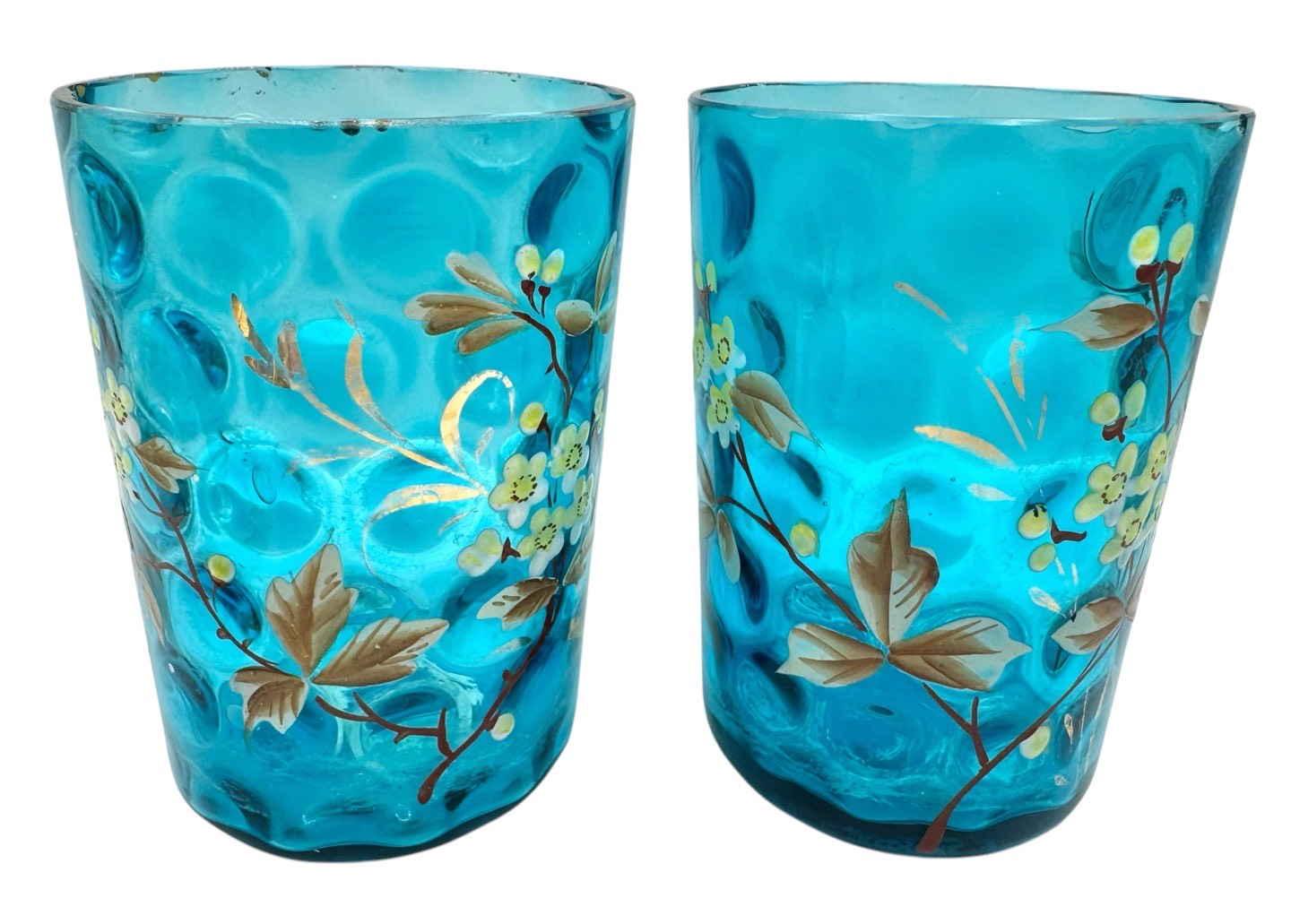 Set of 2 Victorian Tumbler Glass Blue Thumbprint Optic Enamel Painted ...