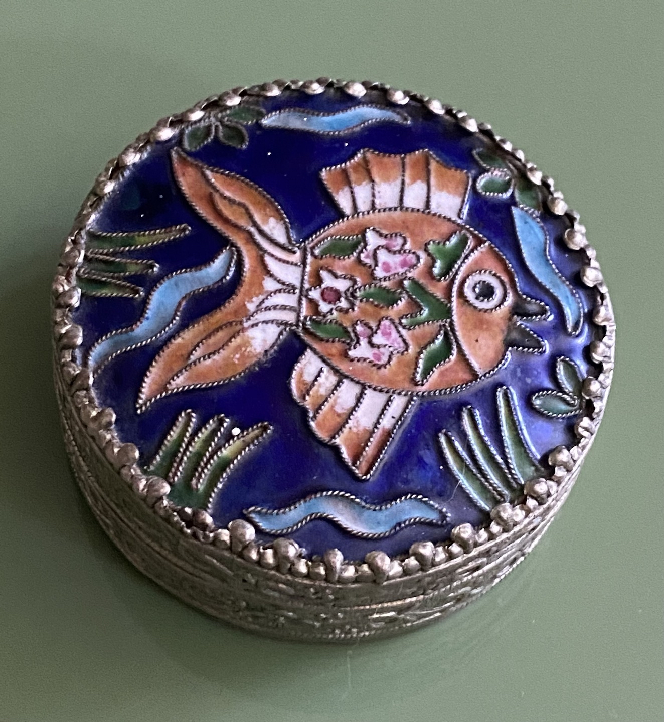 Cloisonné Vintage Hand Painted Fish Trinket Box With Mirror
