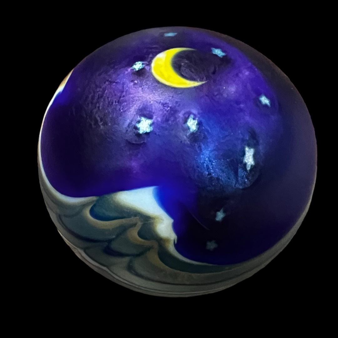 A Lundberg Signed Starry Night Crescent Moon Paperweight 3”