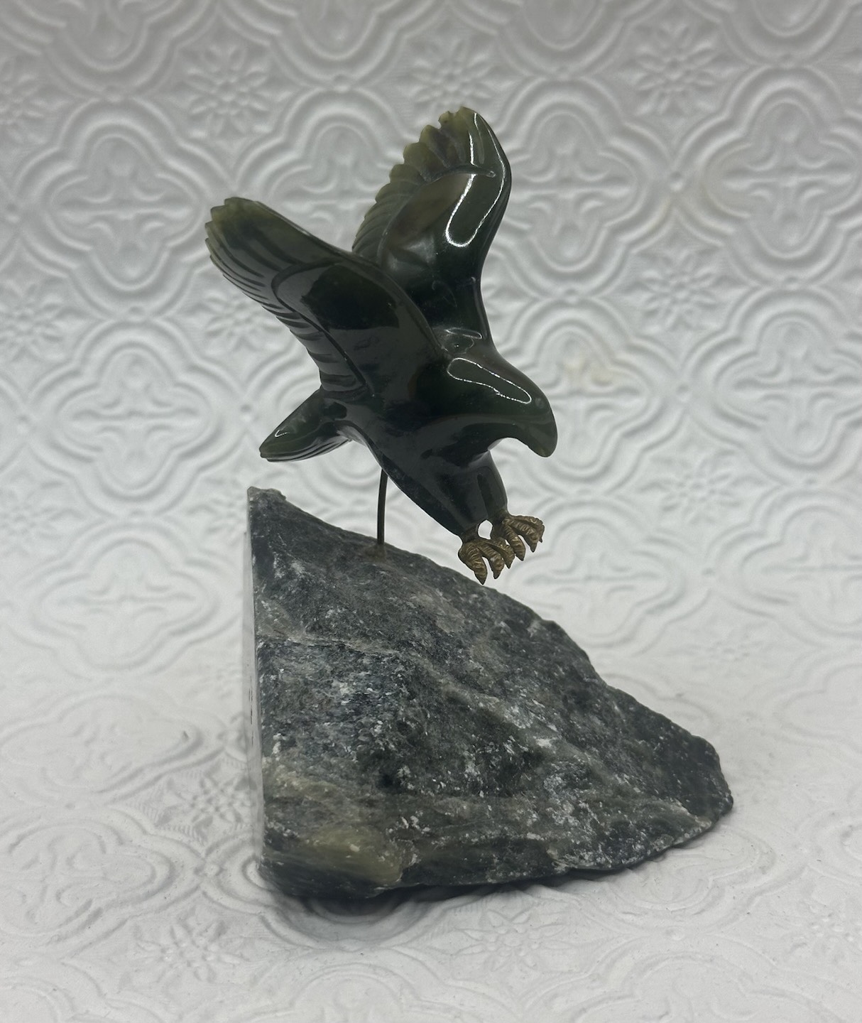 Carved Green Nephrite Jade Eagle Figure Landing On Marble Base With ...