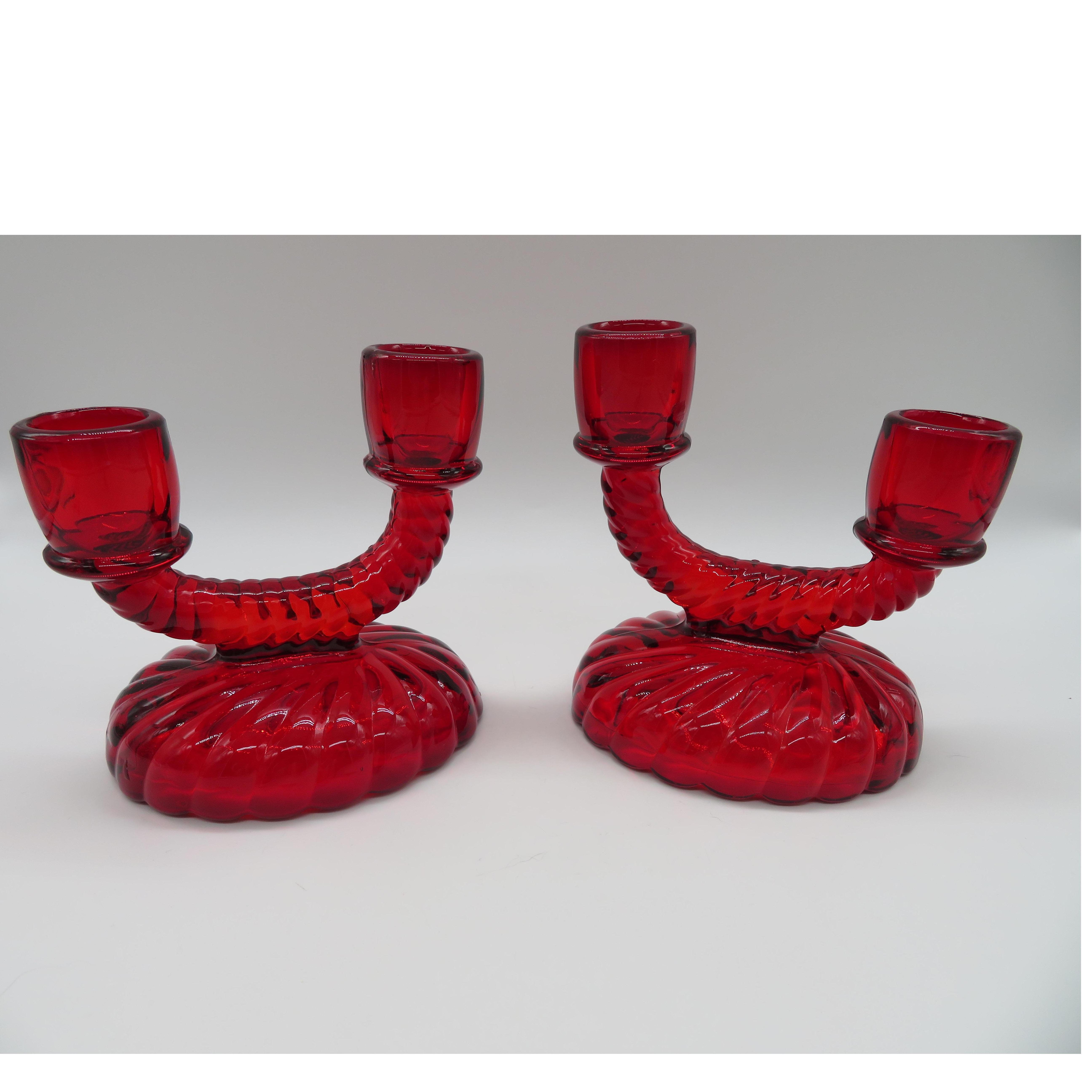 Imperial Ruby Red Glass Newbound pattern set of Double Candle Stick Holders