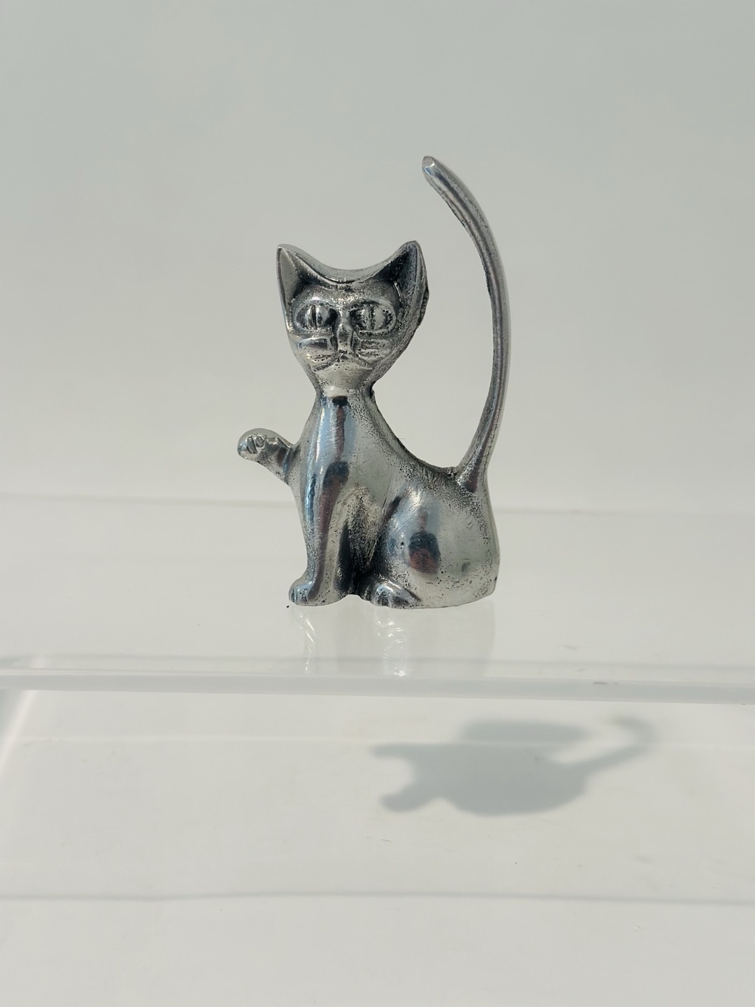 Silvertone Metal 3" Kitty Cat Figurine Ring Jewelry Holder