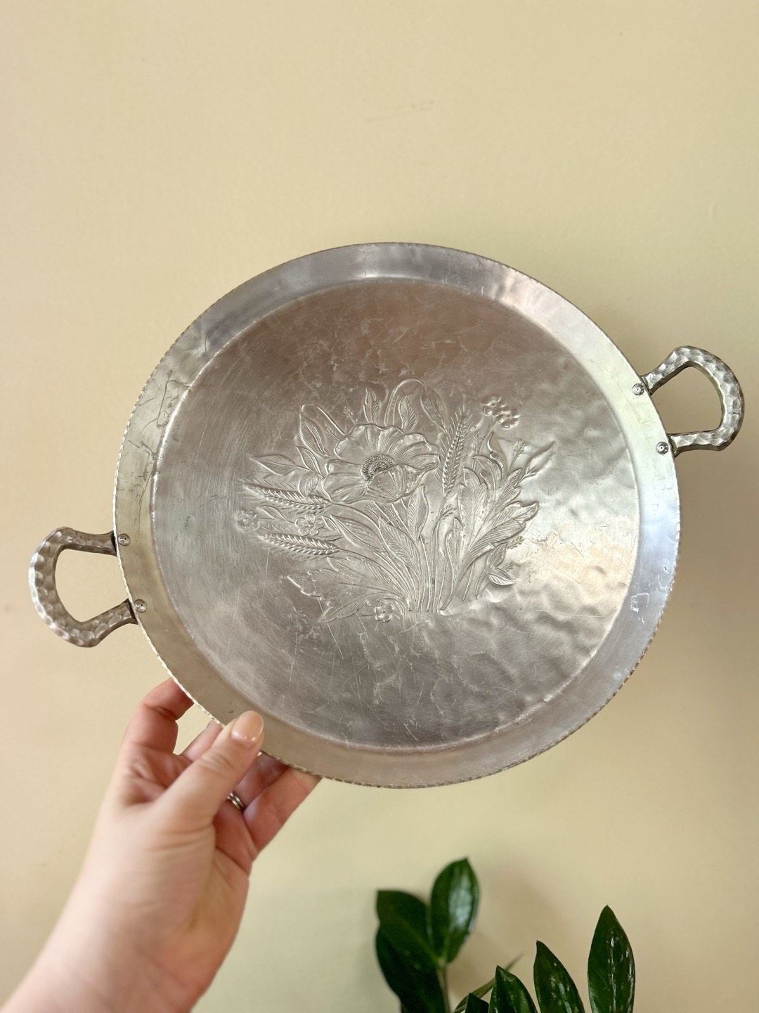 Vintage Hand Forged Everlast Metal Silver Floral Tray