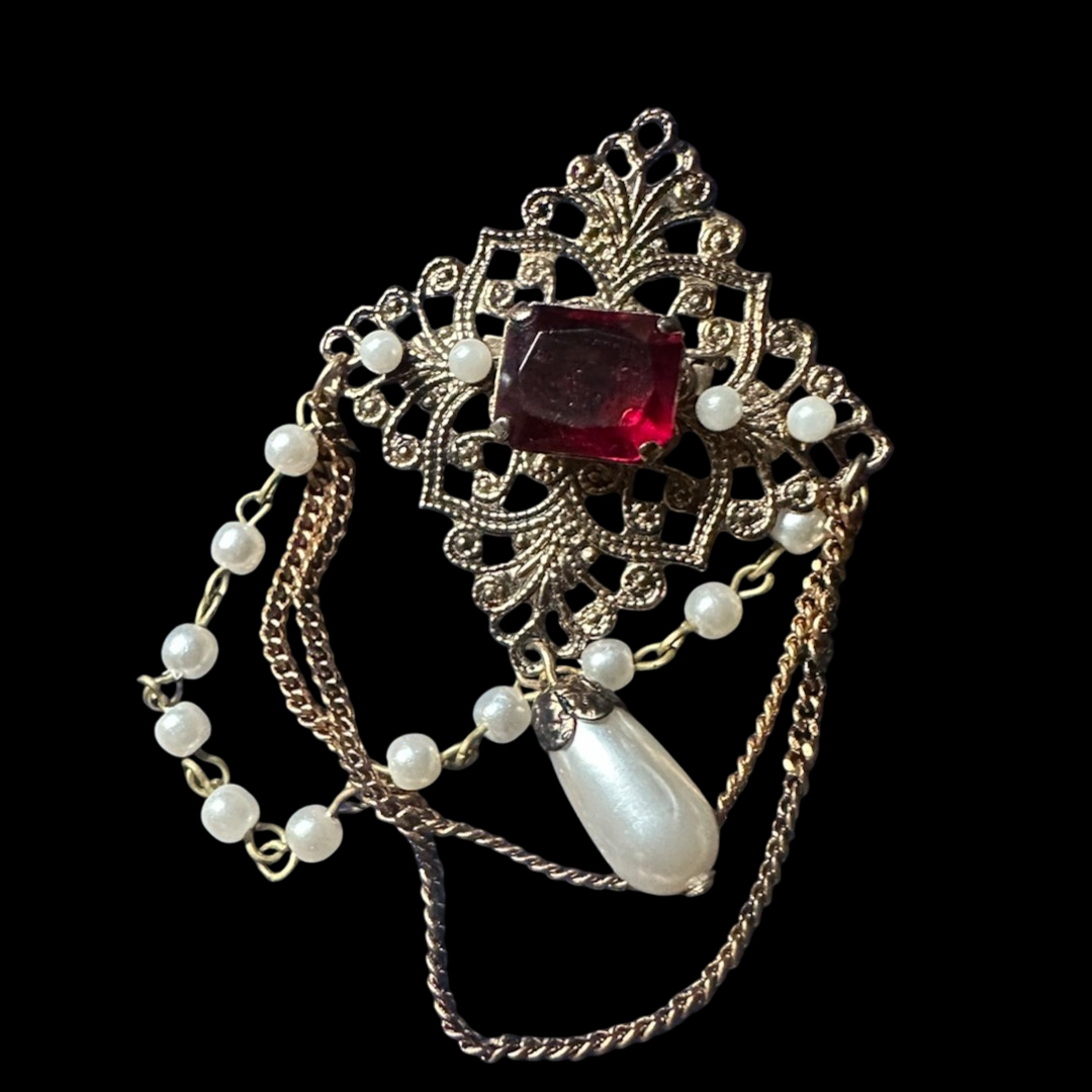 Victorian Inspired Vintage Faux Ruby & Pearl Drape Brooch
