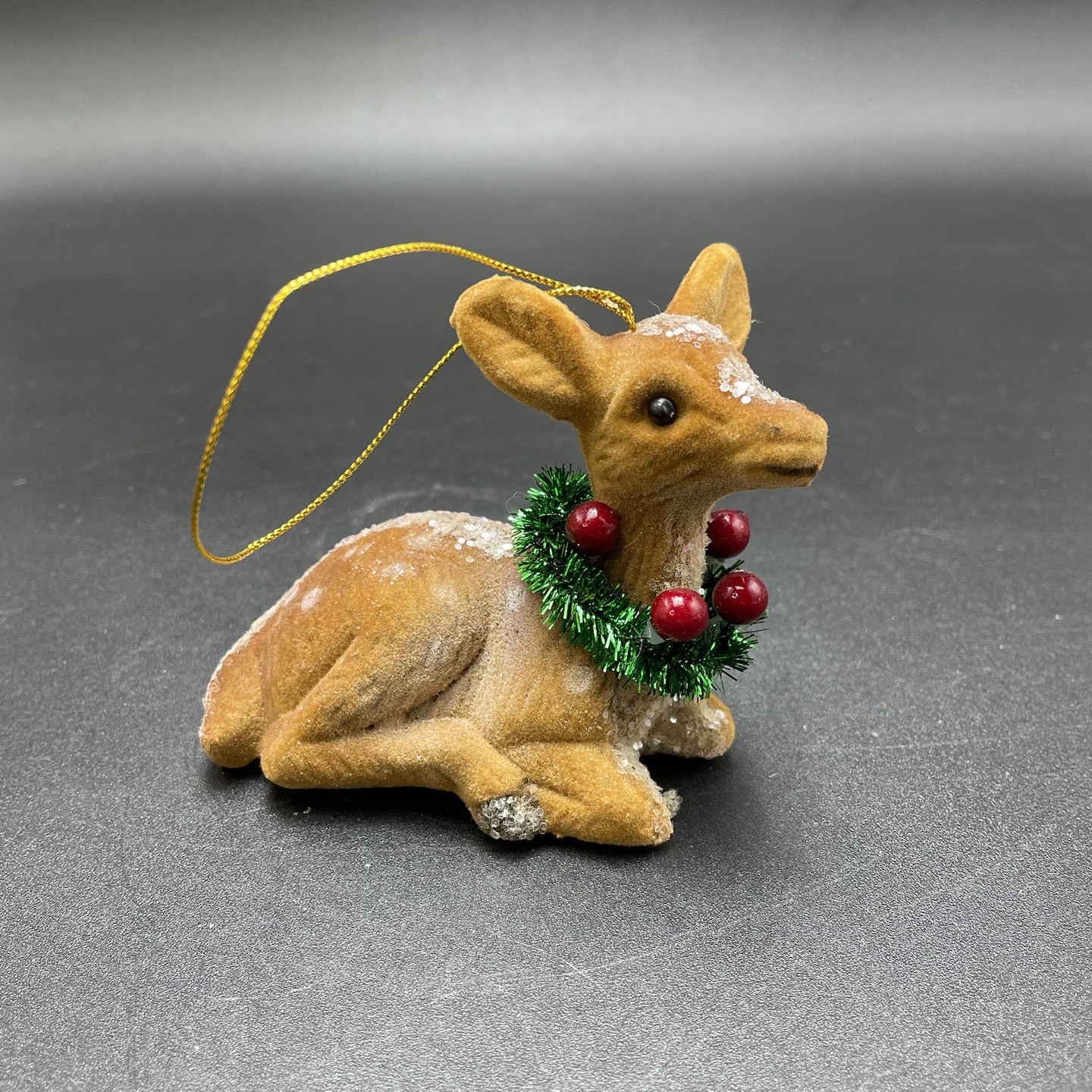 Flocked Laying Fawn Doe Reindeer Hanging Christmas Ornament With Wreath