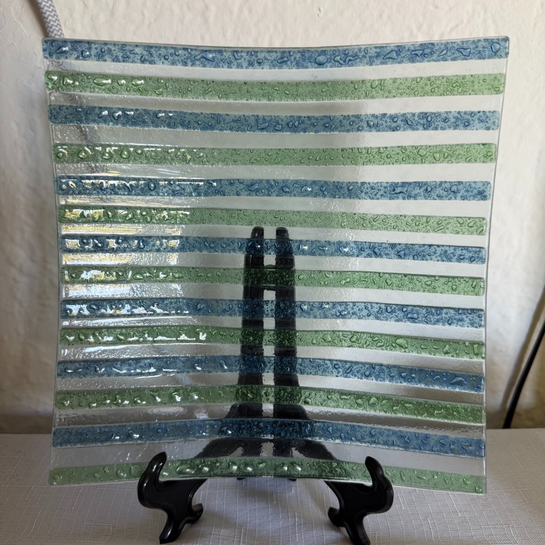 Fused Green & Blue Glass Square Dish 9”