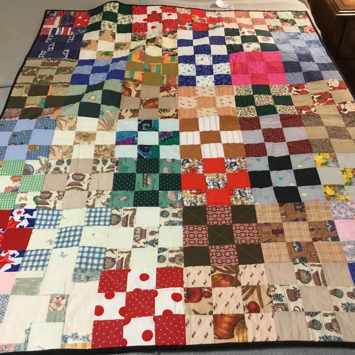 009 Homemade 9 Patch Lap Quilt Hand Stitched Binding