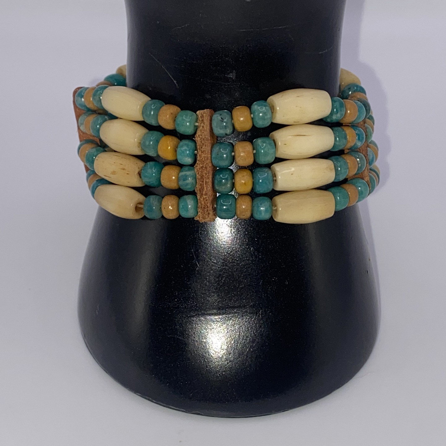 15” VTG Native American Buffalo Bone Hairpipe Bead, Stone, & Leather ...