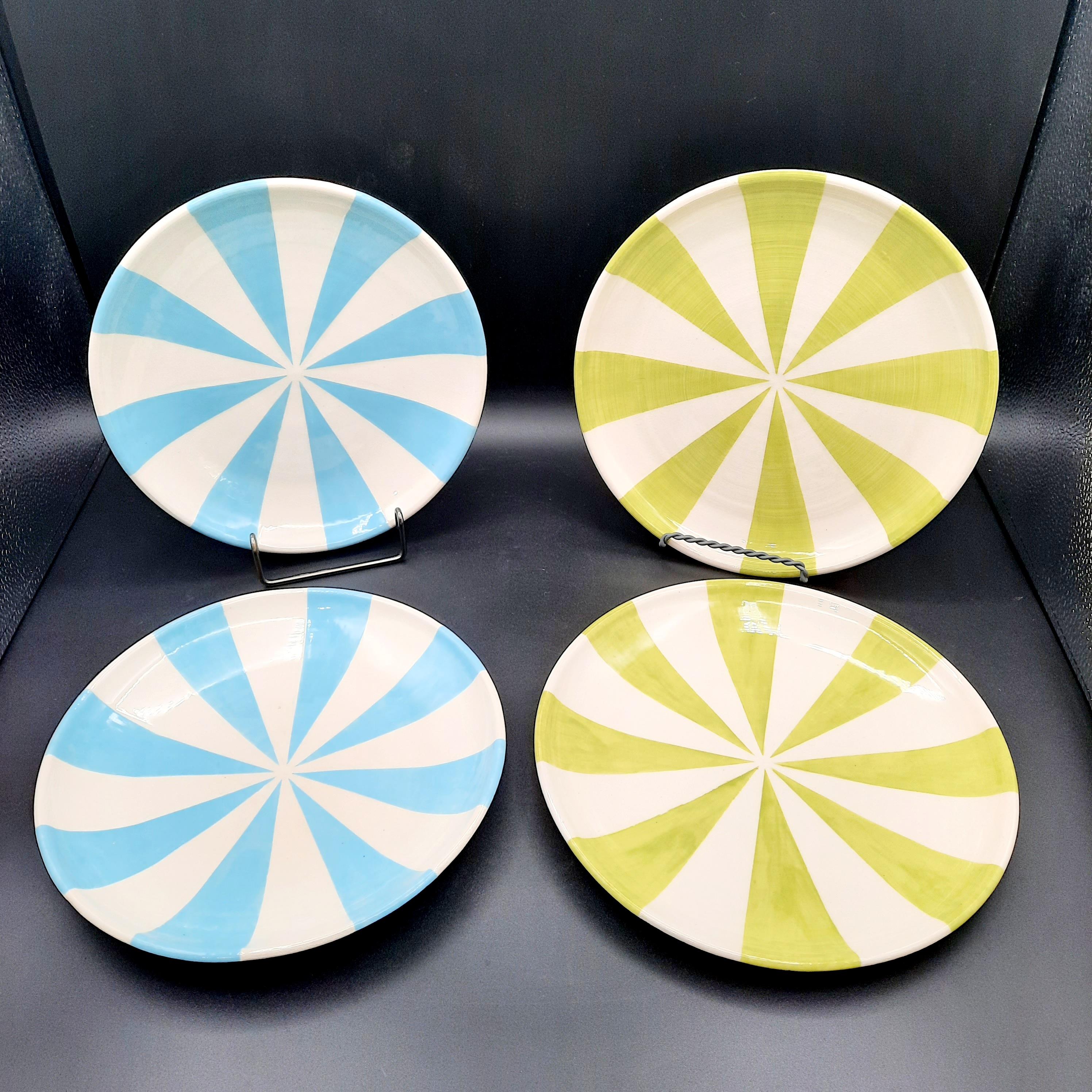 Vintage Jonathan Adler Stripes Pottery Plates Rare HTF Set Of 4 Blue Green