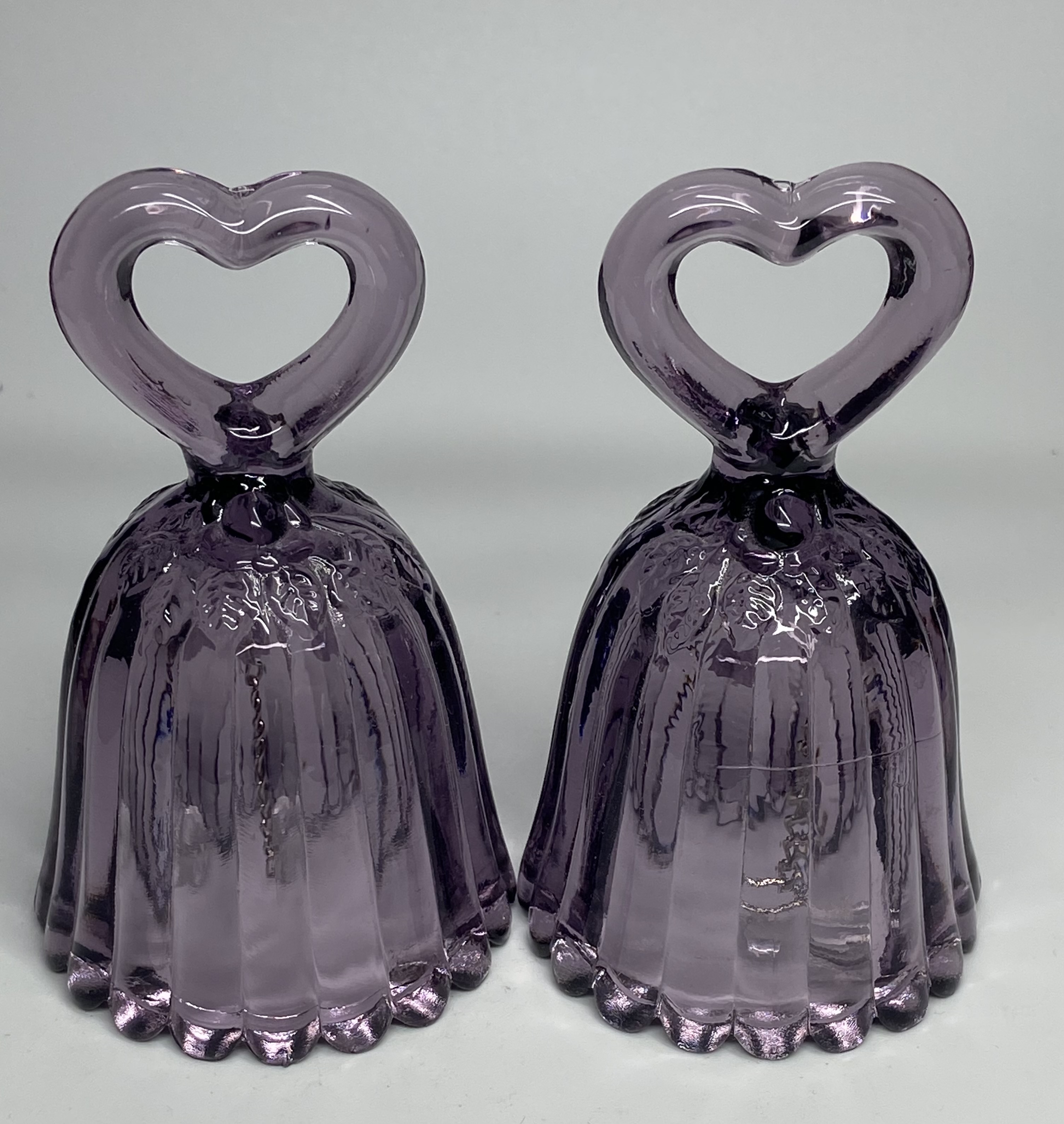 Antique Fenton Purple Bells With Heart Handle, Glows Green Under UV Light