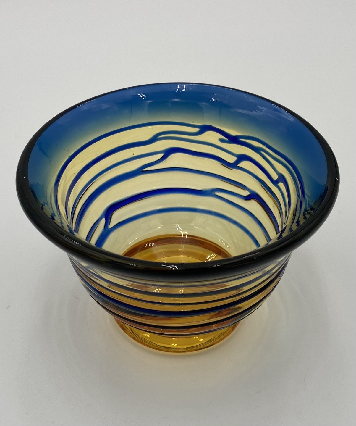 Handblown Glass Footed Bowl, Steuben-like Amber w/Cobalt Blue Threading ...