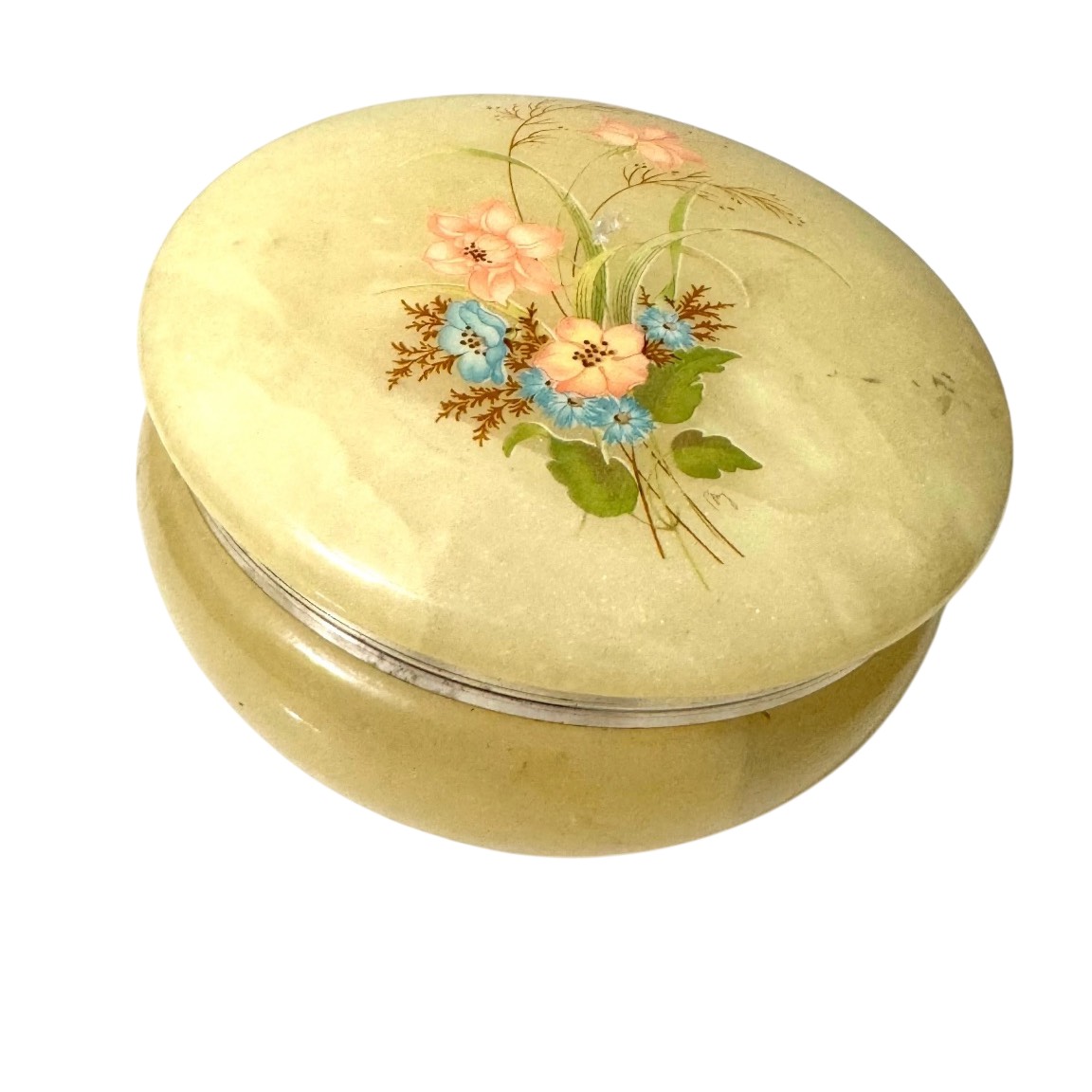 Italian Alabaster Trinket Box Vintage Floral Vanity Dish - Powder Jar