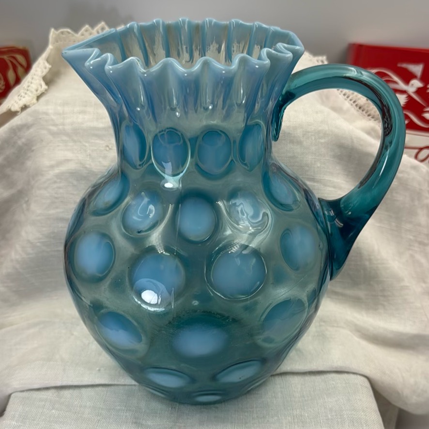 Large Fenton Opalescent Blue Coin Dot Pitcher