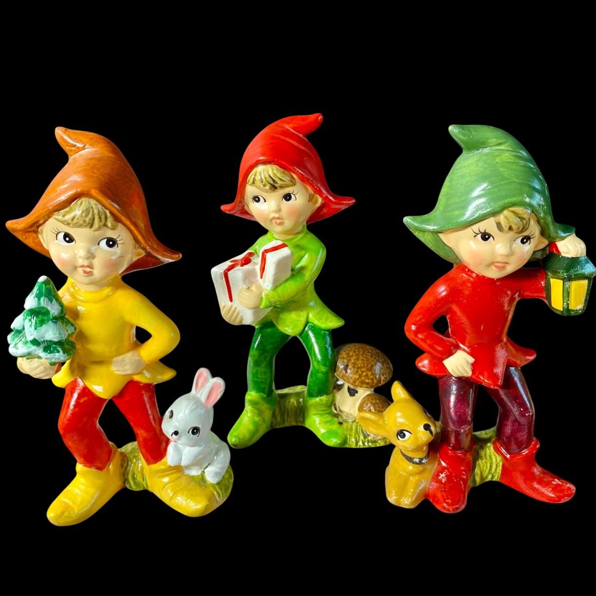 Tall Homco Holiday Elf Trio