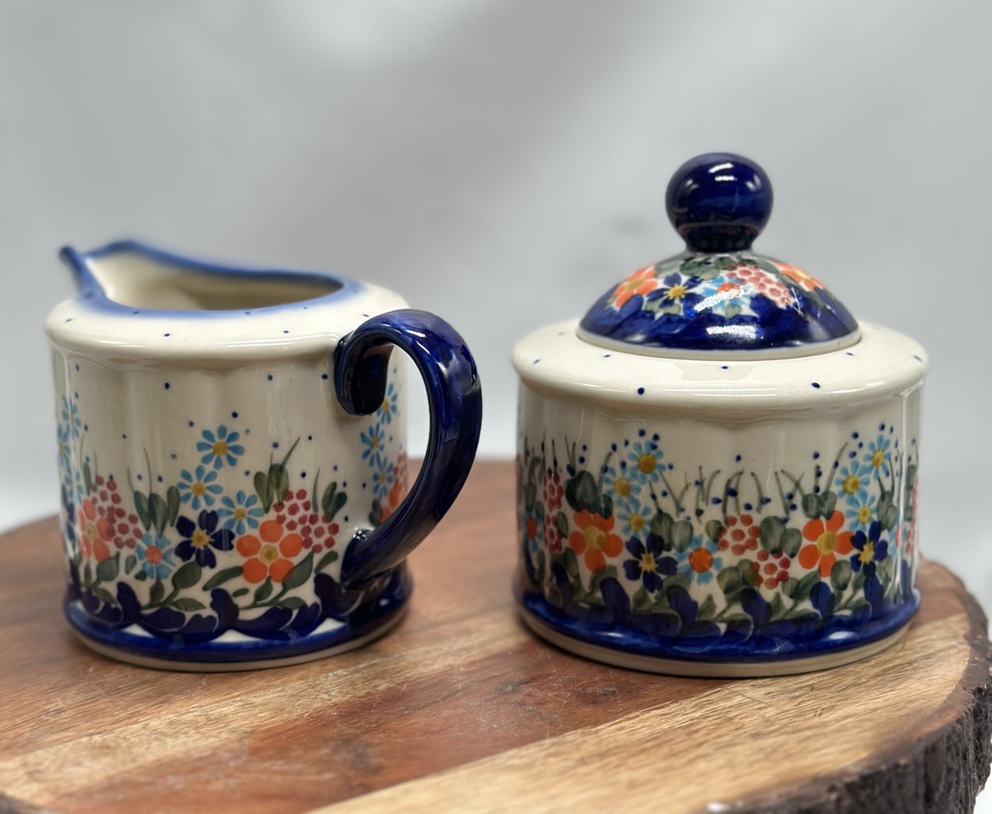 Andy Unikat Polish Pottery Floral Creamer & Lidded Sugar Poland Signed ...