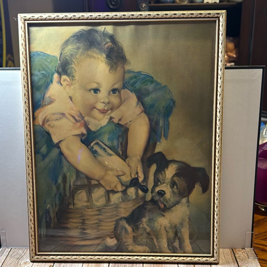 Laurette Patten Print VTG “Little Friends” Baby With Dog 14 By 12 Frame