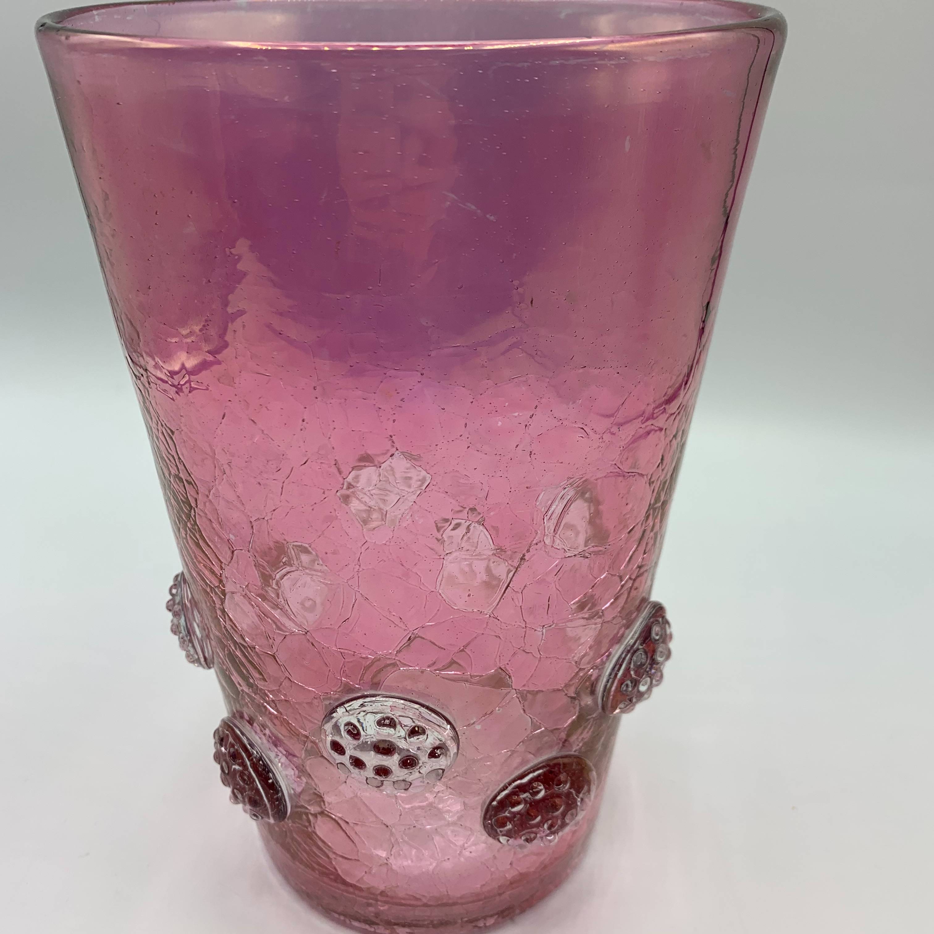 Vintage Blenko Pink Crackle Glass Vase Applied Medallions Art Glass MCM 7"