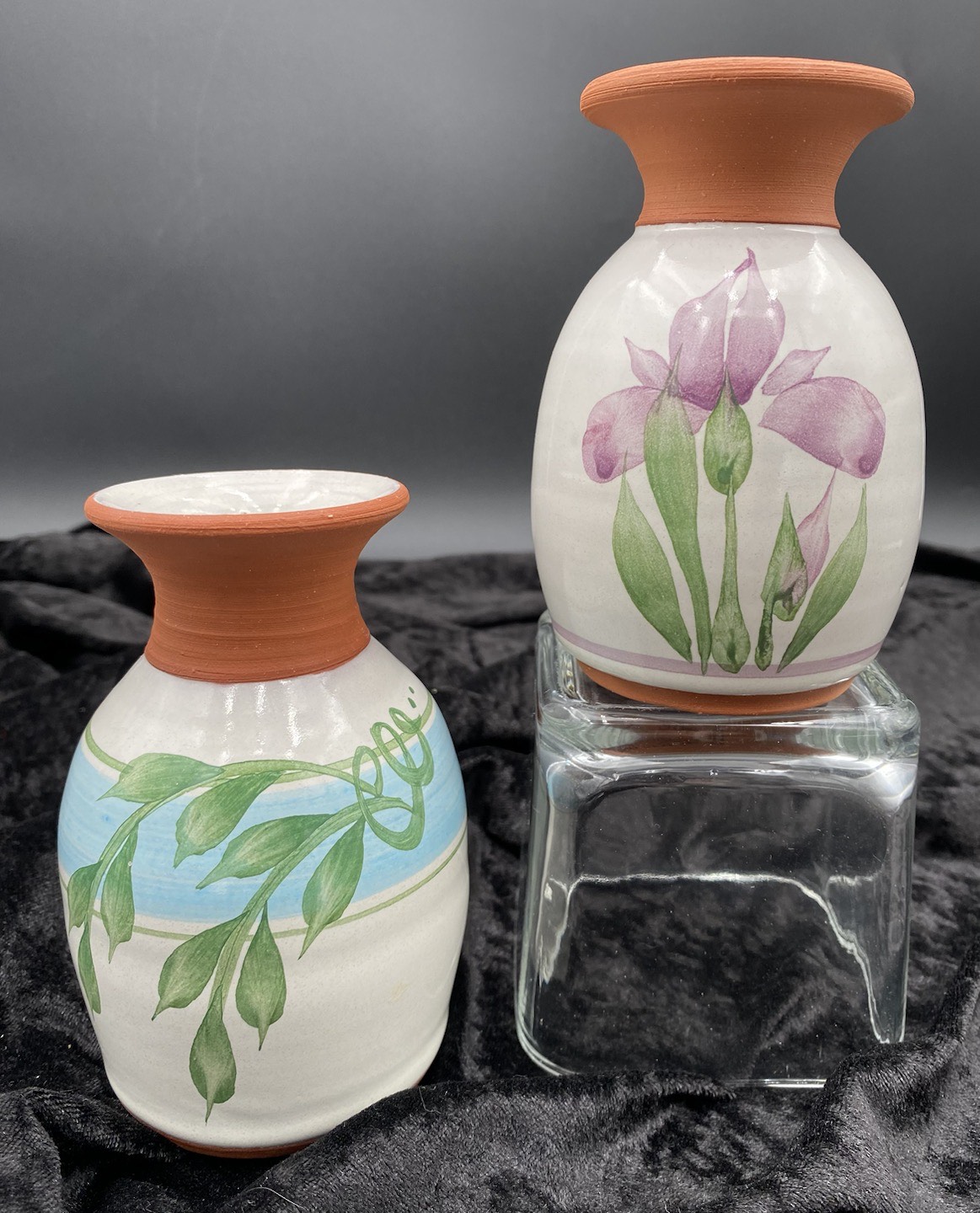 Pair of Vintage Emerson Creek Pottery Red Clay Vases, Purple Iris ...