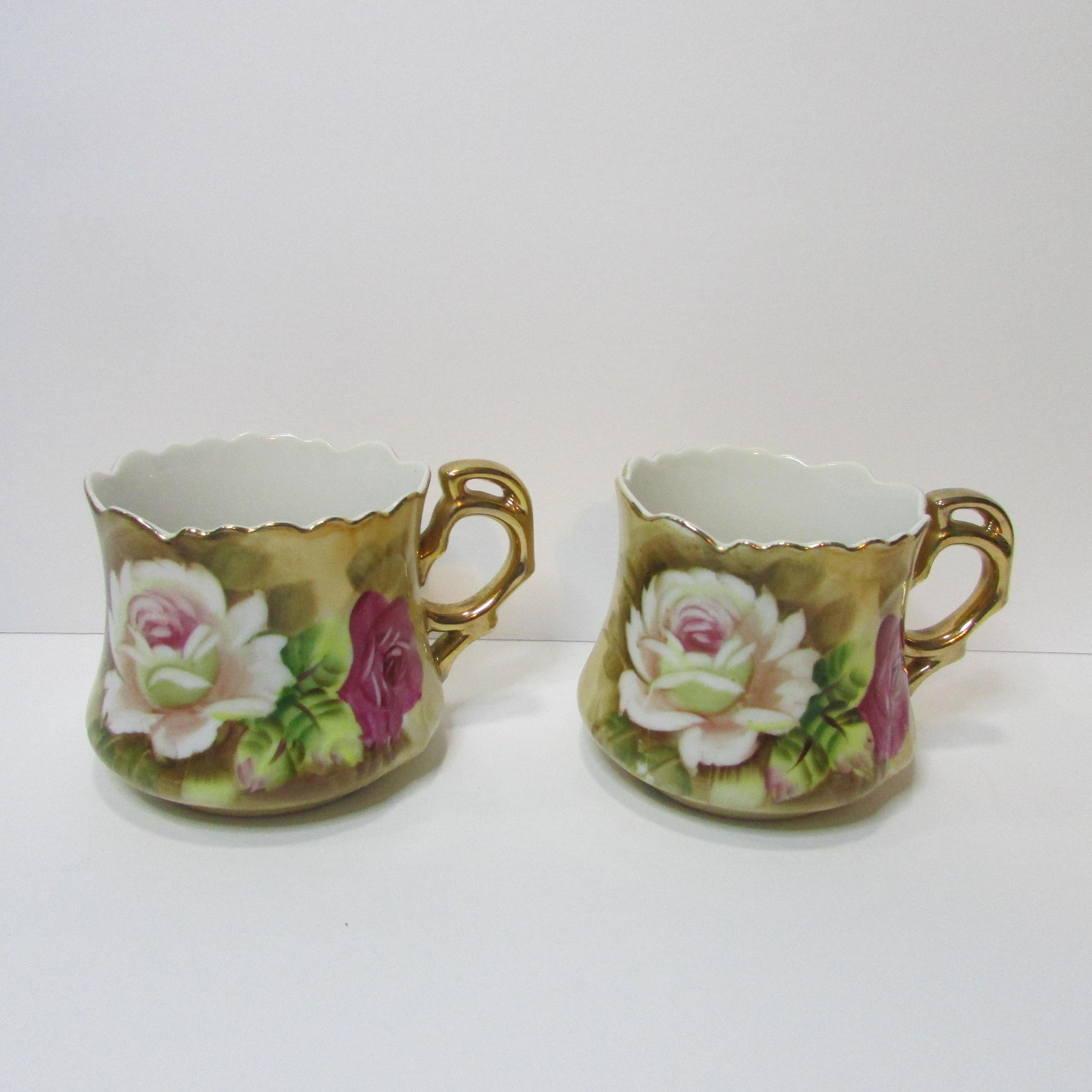 pair of vintage Lefton green heritage hand painted rose tea cup with ...