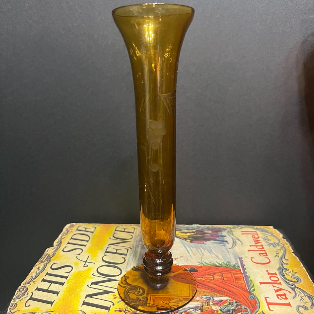 Small Etched Amber Glass Vase ~7.5x2.5"