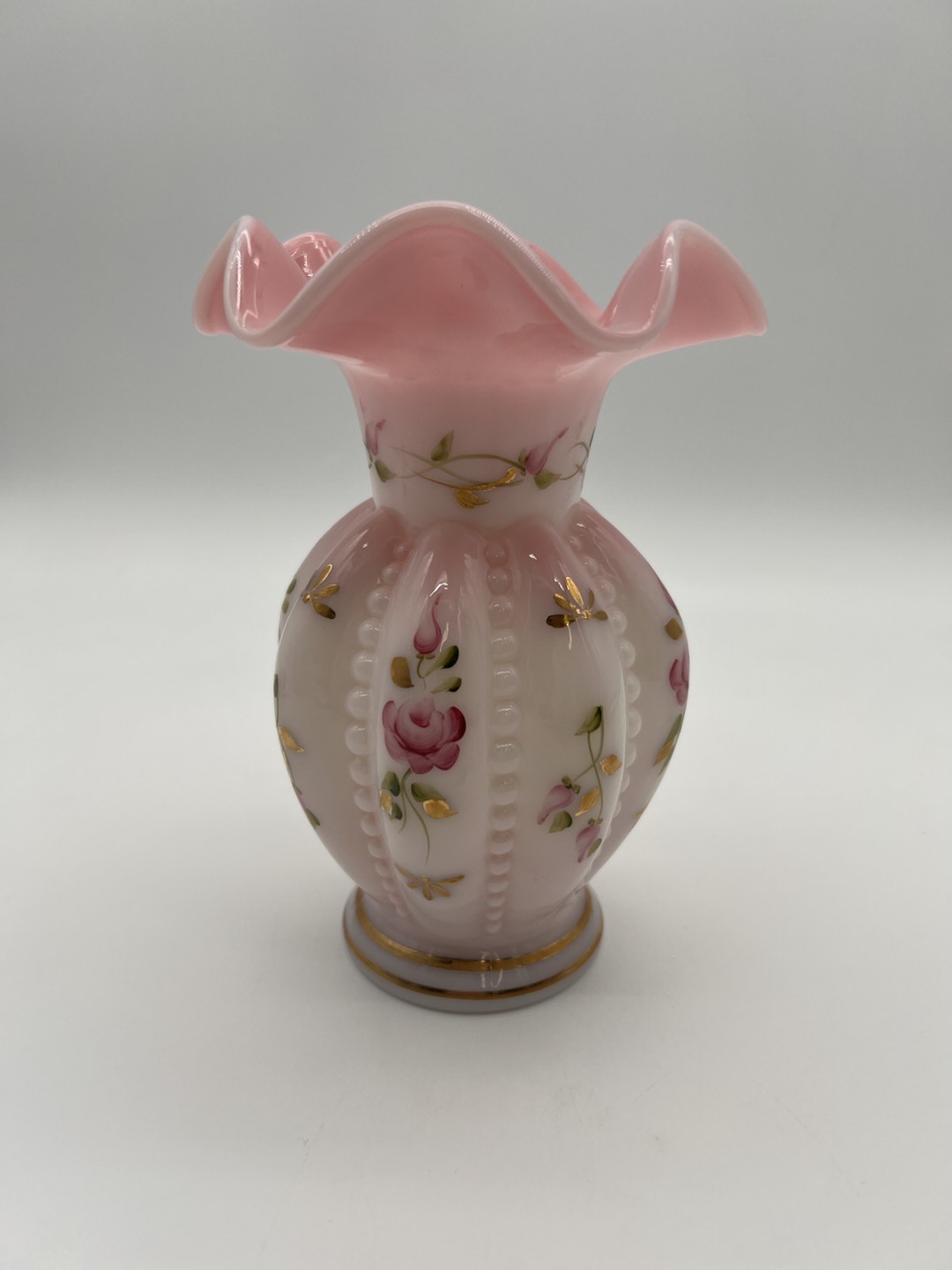 #01 Vintage Fenton Rosalene Charleton Collection Hand-painted Melon Vase