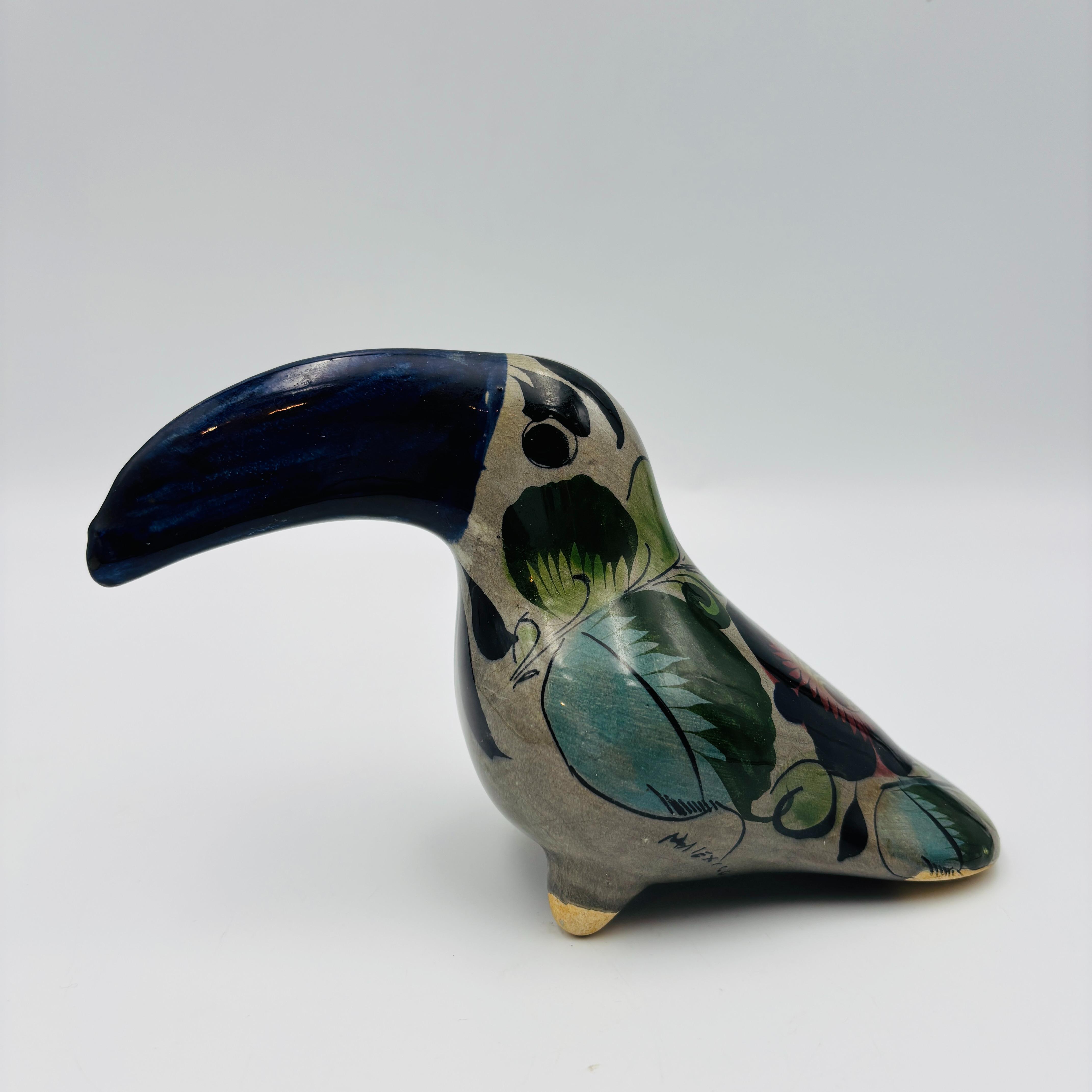 Vintage Tonala Mexican Folk Art Pottery Toucan Bird Hand Painted Figurine