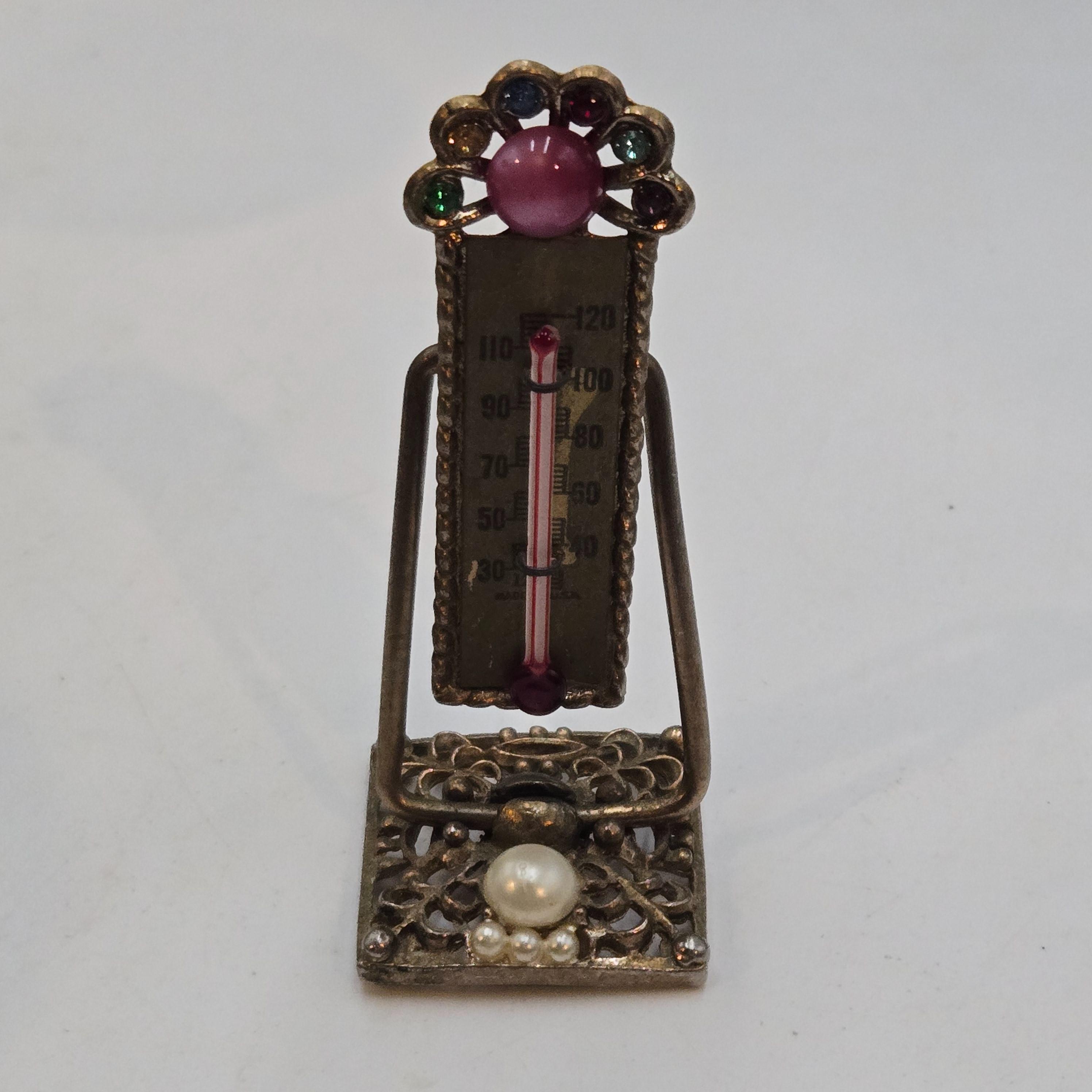 Vintage Tilt Thermometer Floral Gilt with Faux Pearls Moonglow and Foil ...