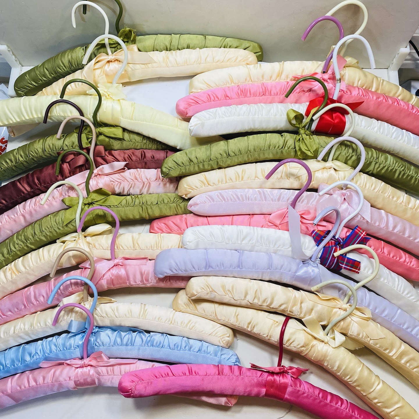 Vintage padded Satin Boudoir Lingerie Clothes Hangers Colorful Lot Of 50