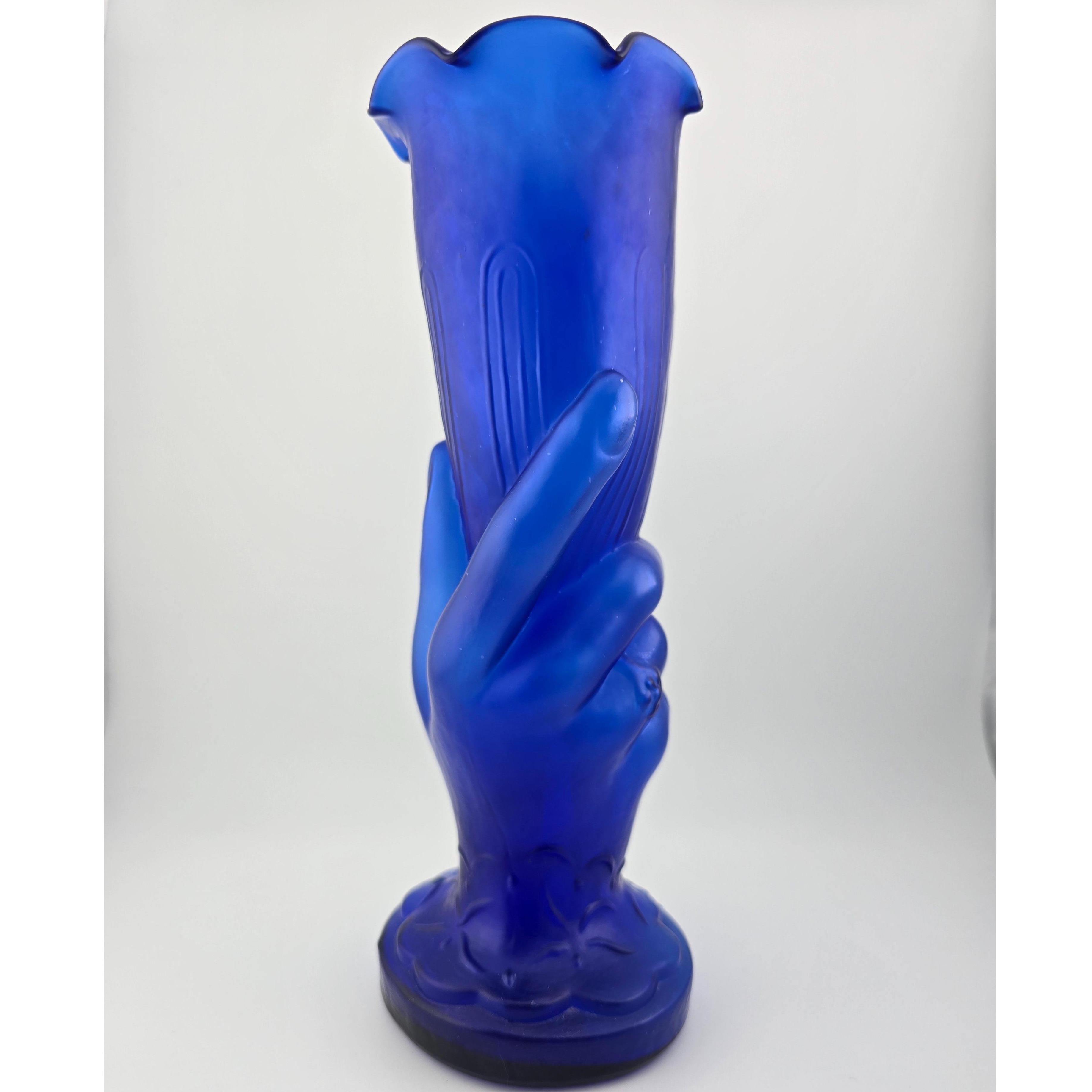 Unique Vintage Cobalt Blue Glass Hand Vase.