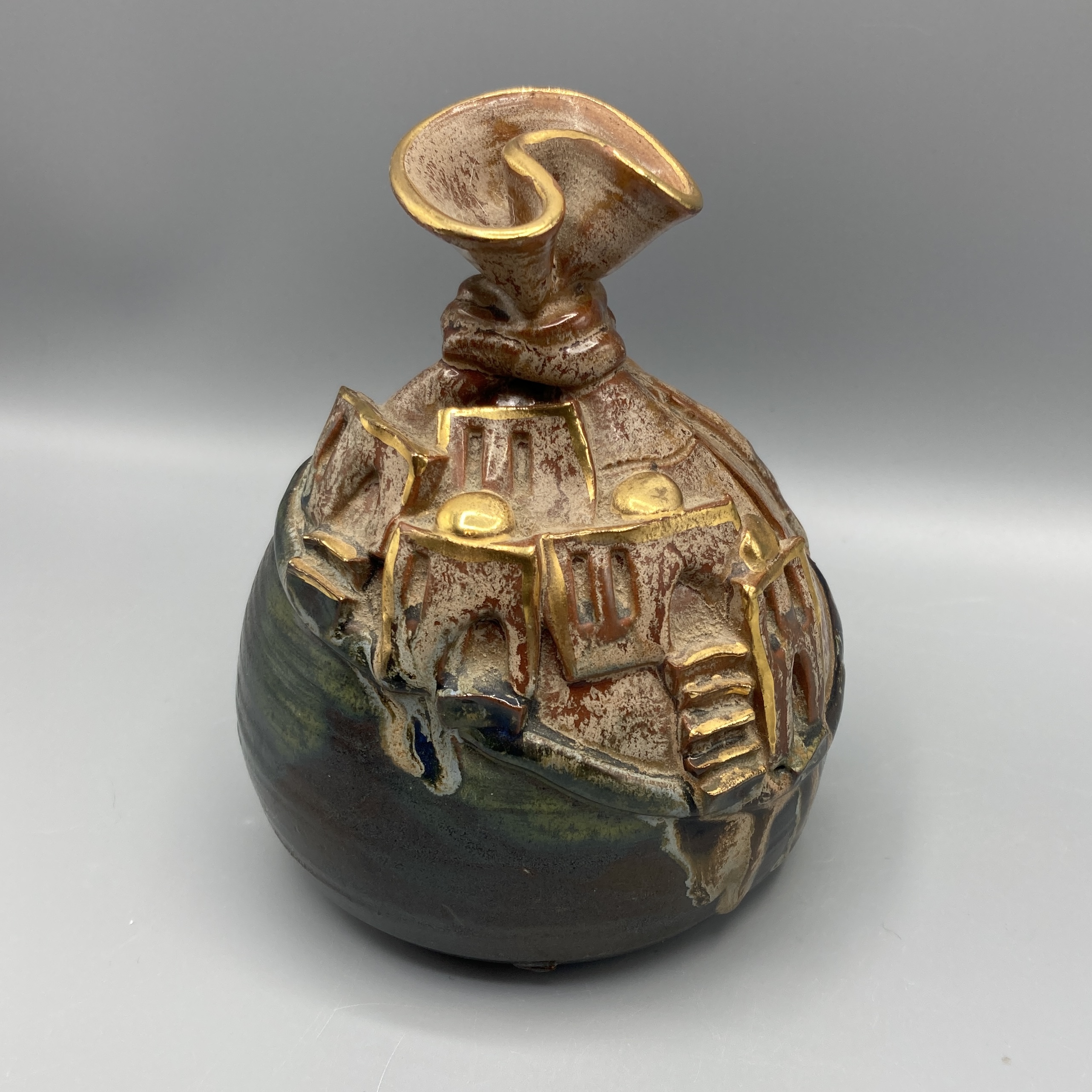 Israel Redware Pottery Bank with Gold Tone Cityscape - Signed