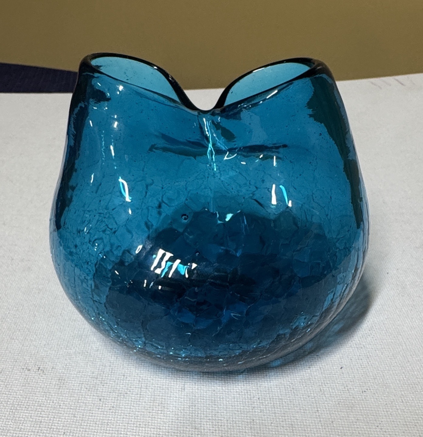 Blenko Teal Blue Crackle Glass Pinched Top Vase Vintage Hand Blown 3.5 ...