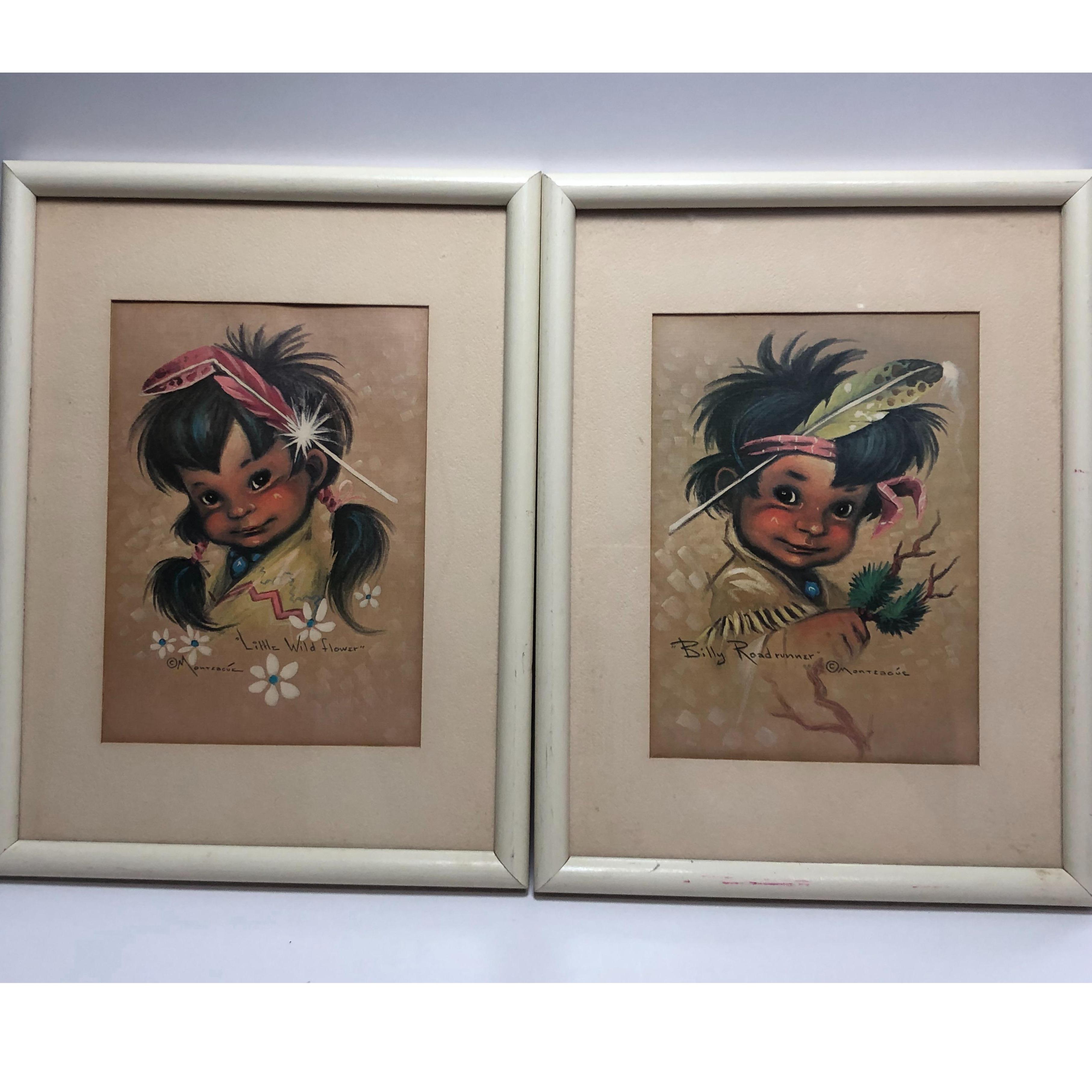 Set 2 Native American Children Prints by Monteague 1950s Framed Matted ...